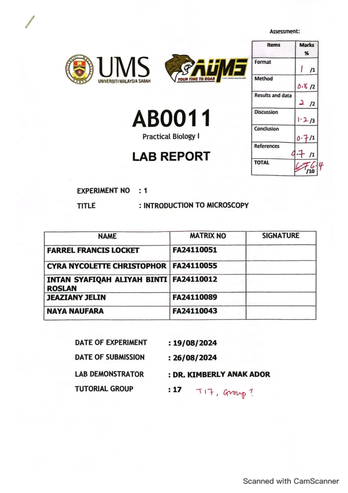 Lab Report AB0011 Experiment 1 (Group 3) - Assessment: Items Marks ...