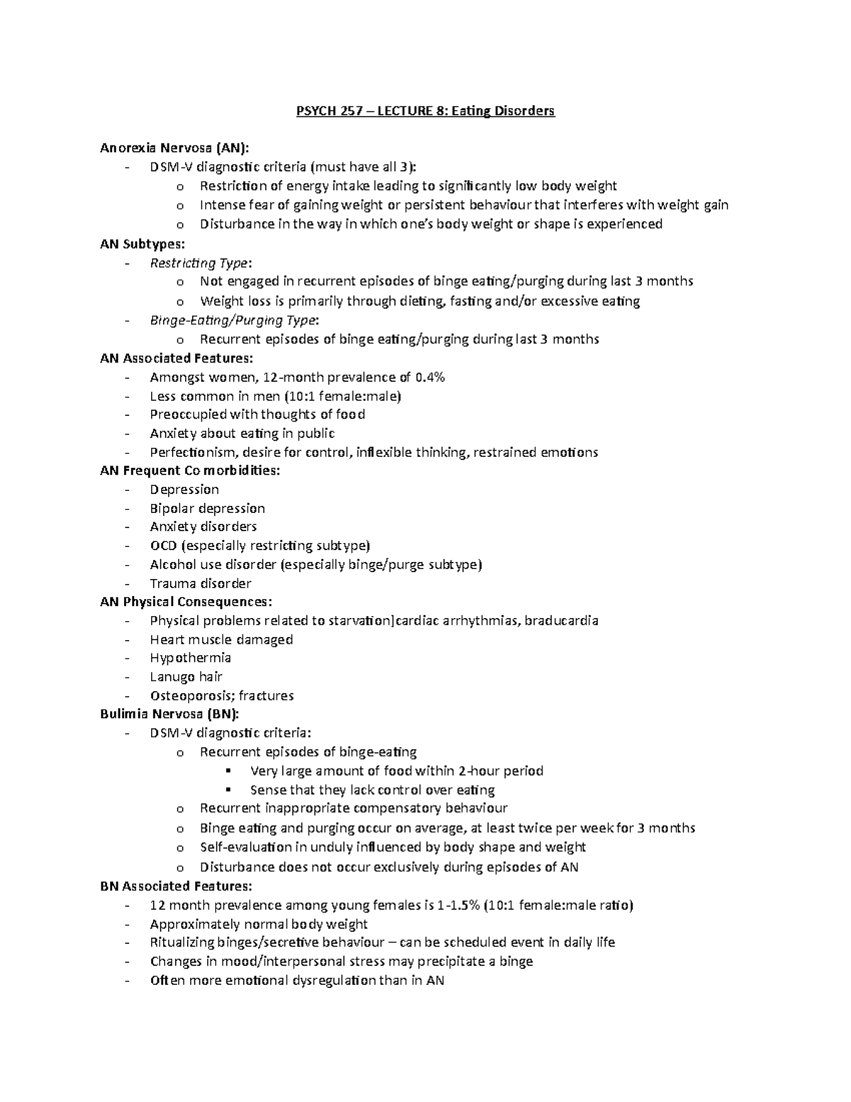 Psych 257 - Lecture 8 - PSYCH 257 LECTURE 8: Eating Disorders Anorexia ...