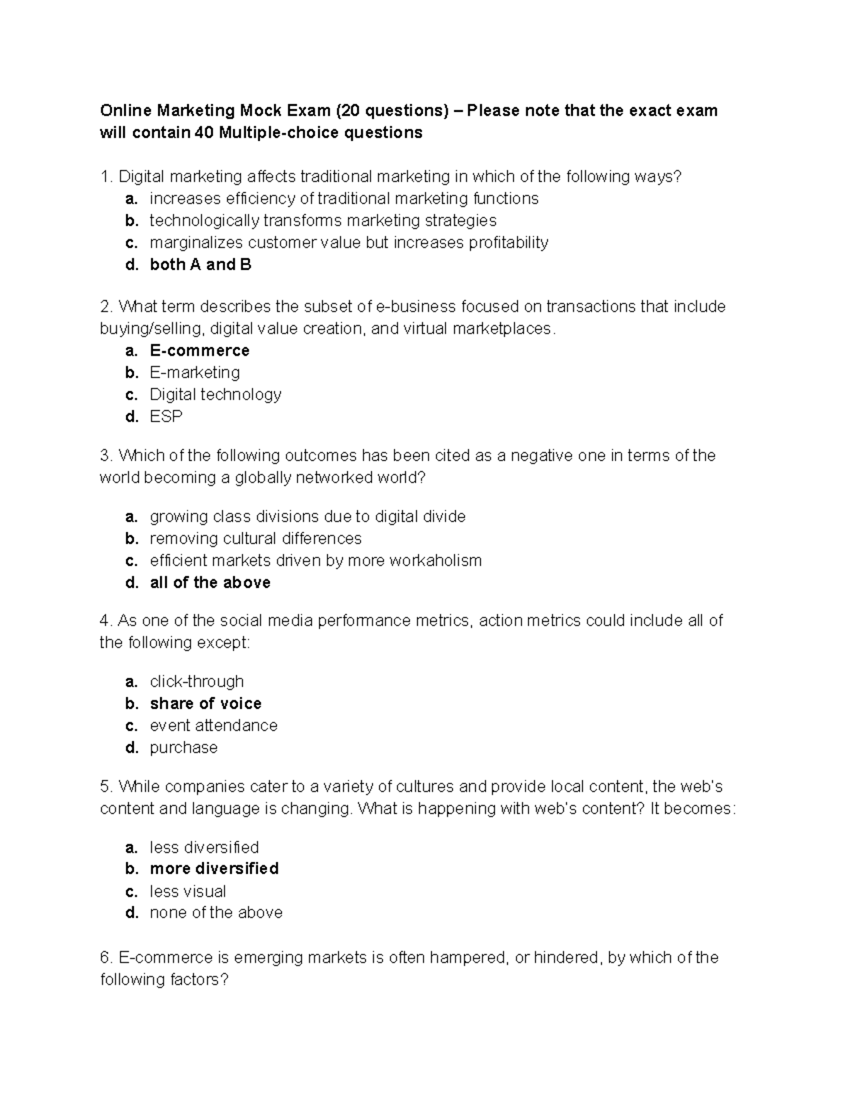 Online Marketing Mock Exam with Answers - Online Marketing Mock Exam ...