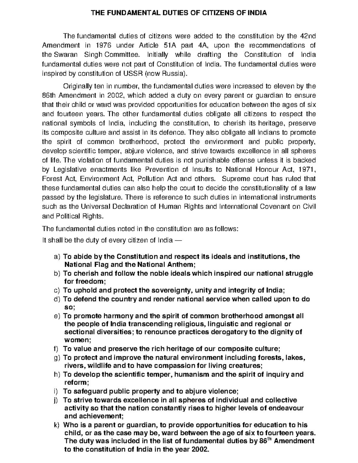 THE Fundamental Duties OF Citizens OF India - THE FUNDAMENTAL DUTIES OF ...