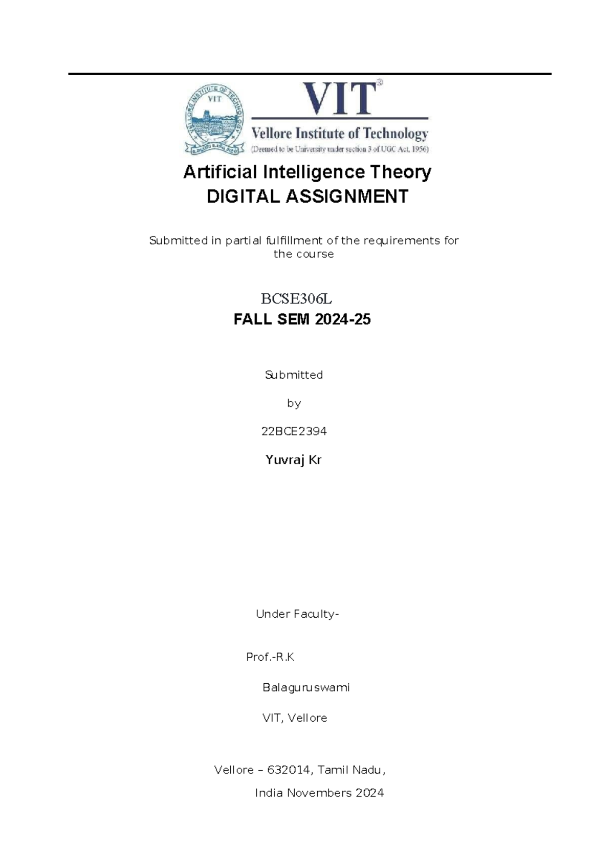 Aida - acx - Artificial Intelligence Theory DIGITAL ASSIGNMENT Submitted in partial fulfillment ...