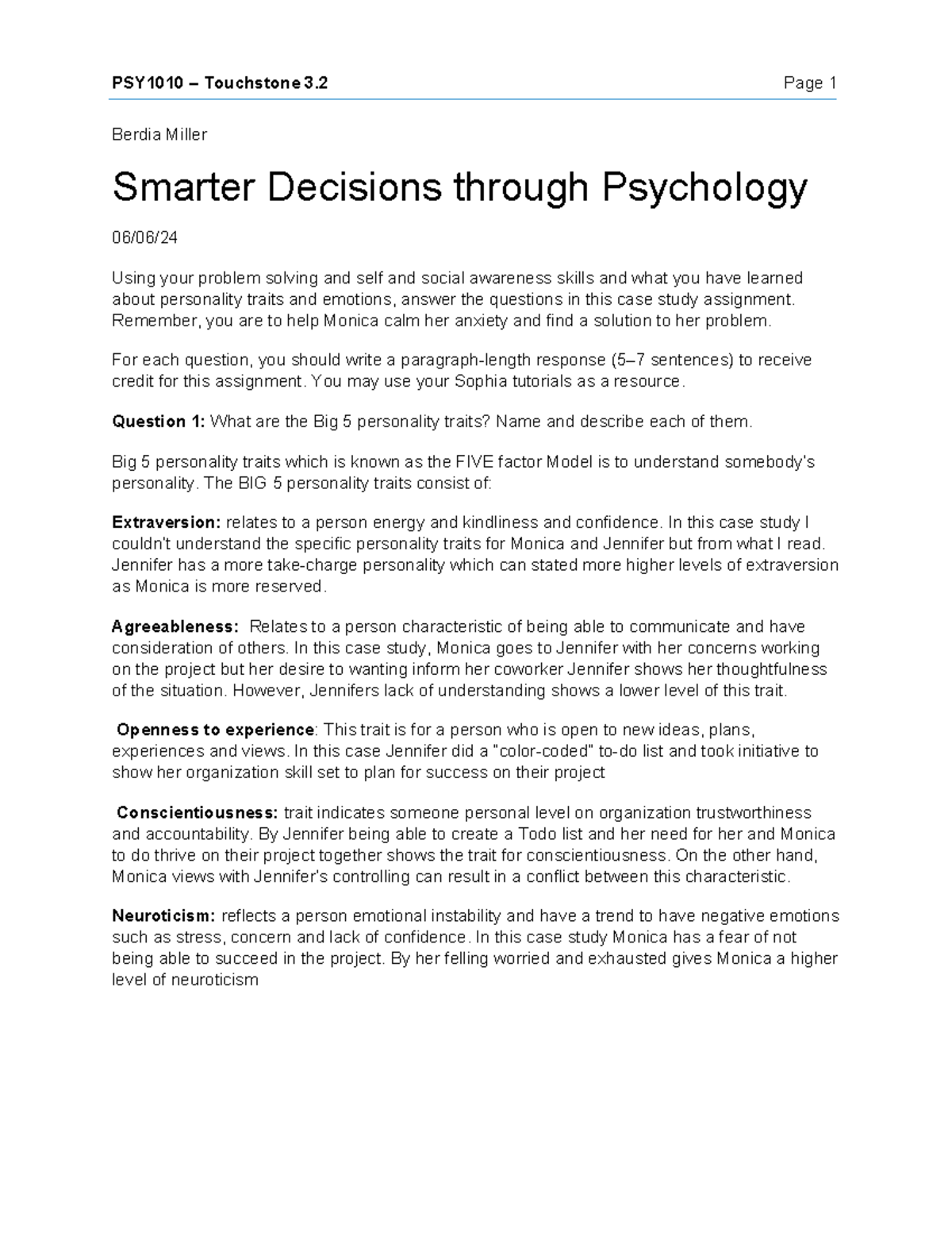 PSY1010 Case Study 2 Template - Berdia Miller Smarter Decisions through ...