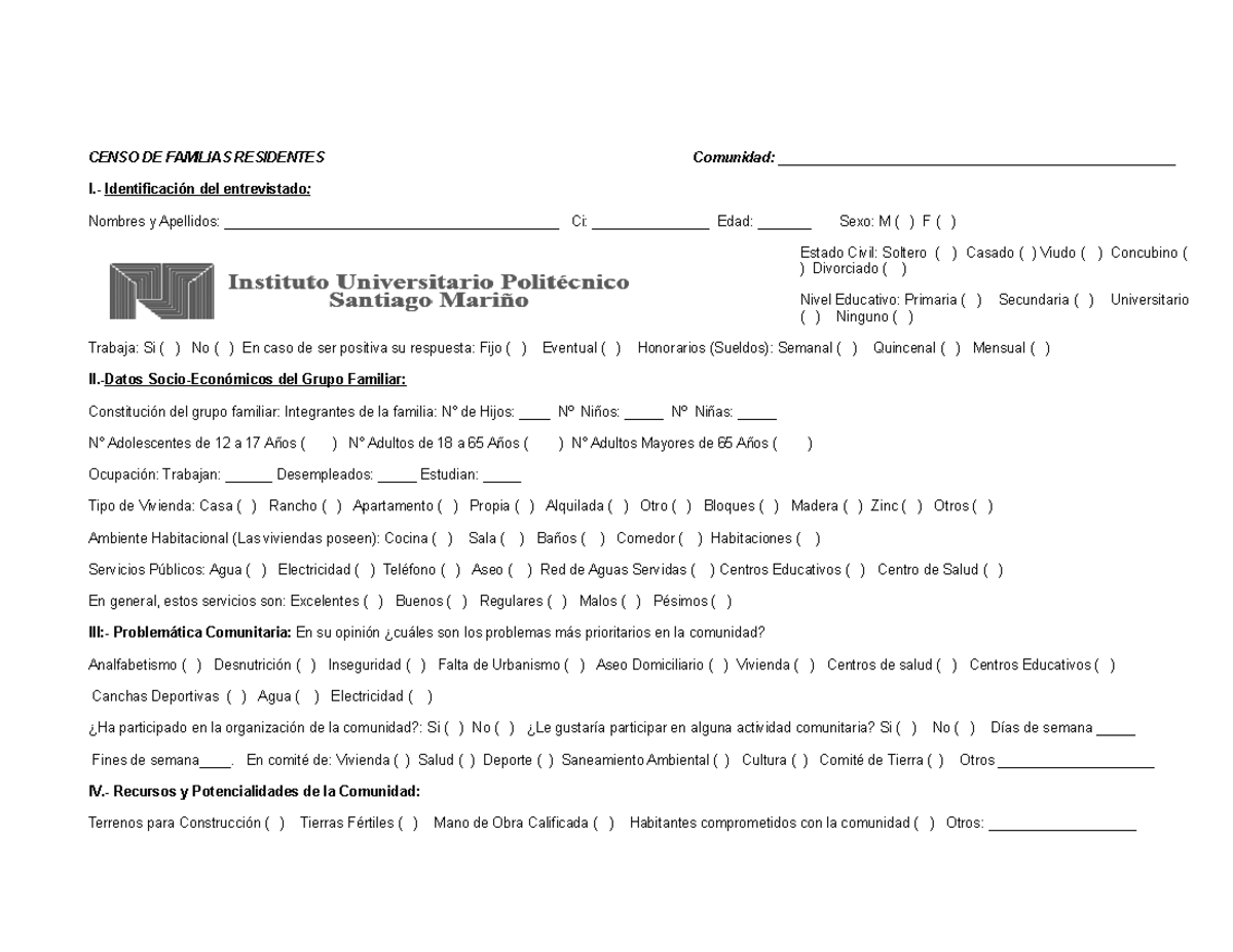 Censo DE Familas Residentes - CENSO DE FAMILIAS RESIDENTES Comunidad ...