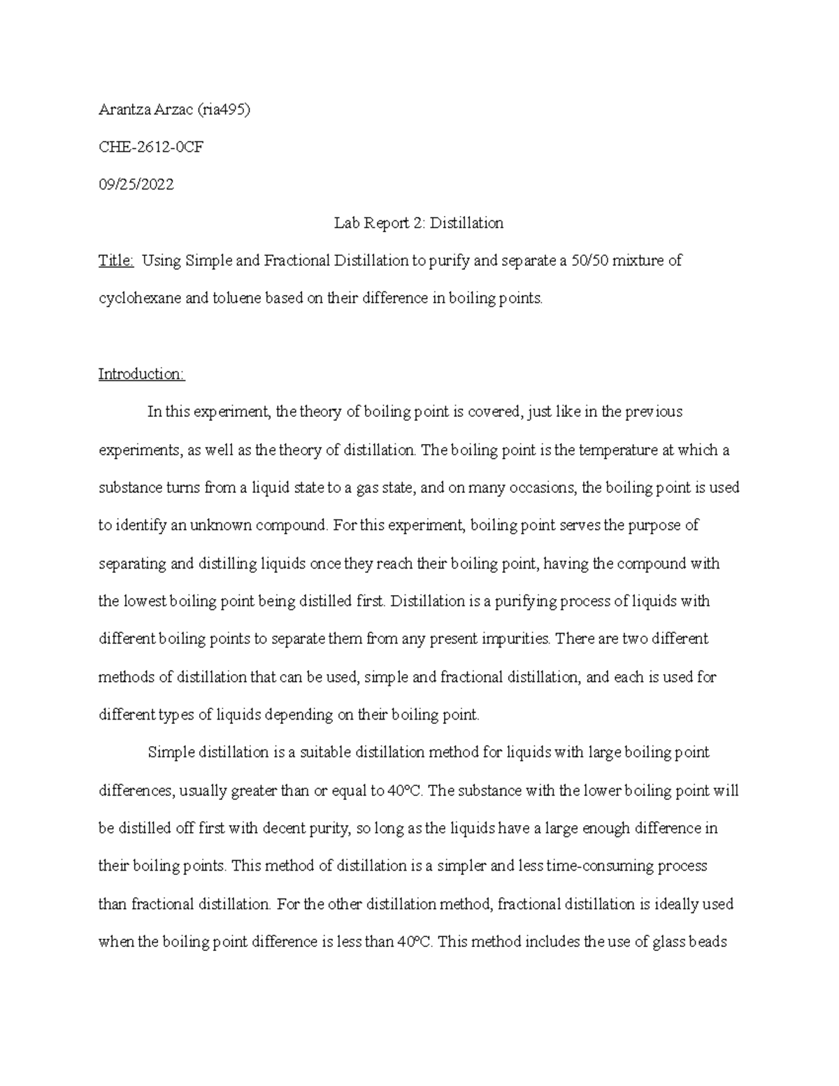 EXP 2 Final Lab Report - Arantza Arzac (ria495) CHE-2612-0CF 09/25/ Lab ...