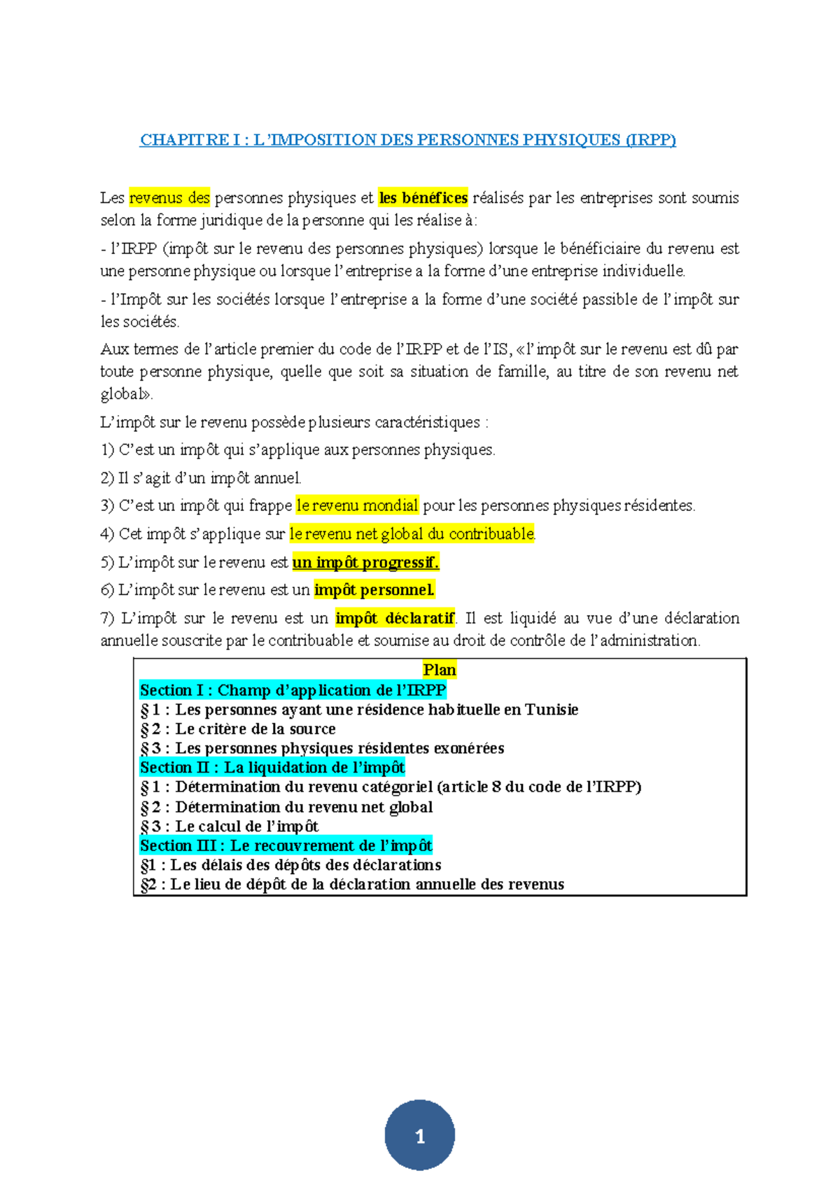 Chapitre I IRPP - CHAPITRE I : L’IMPOSITION DES PERSONNES PHYSIQUES ...