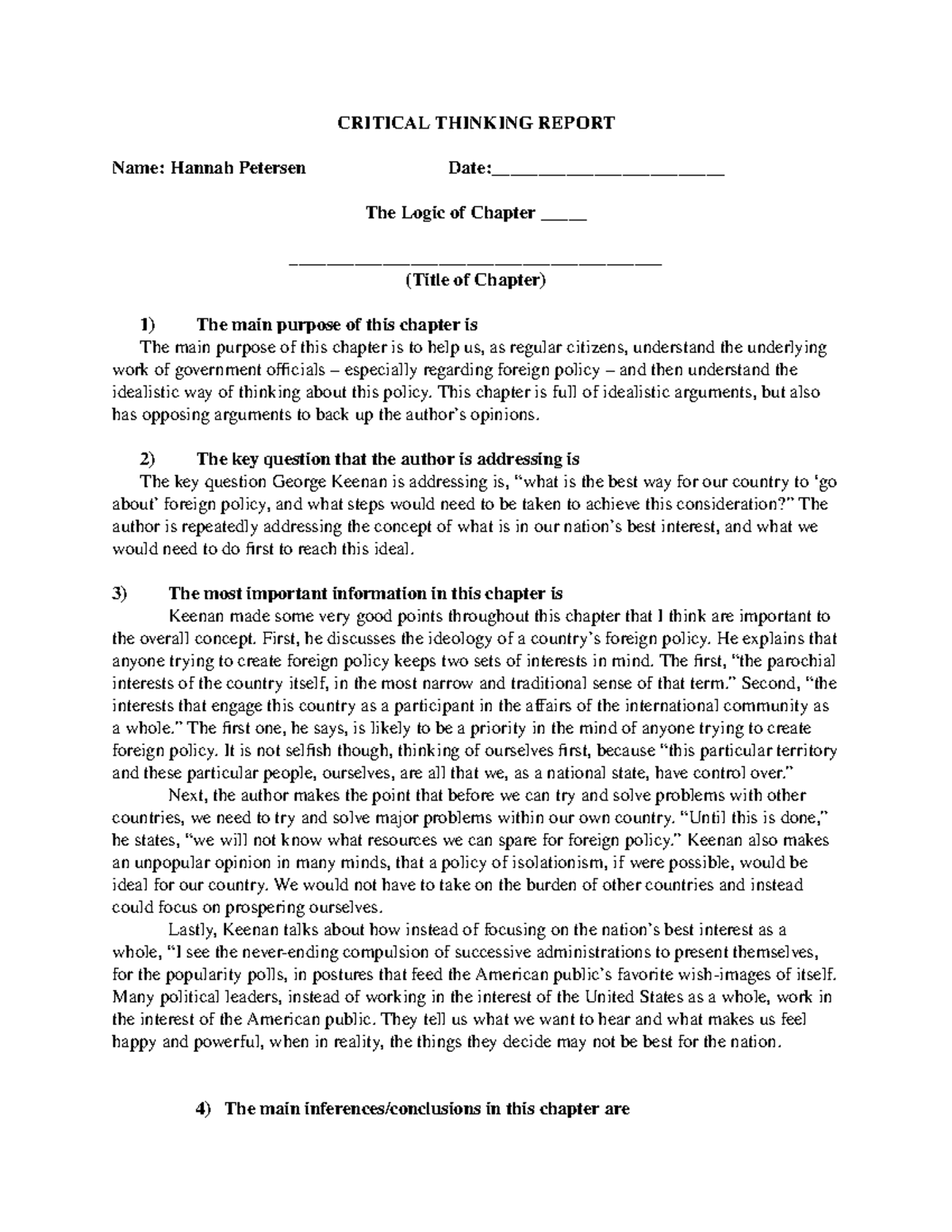 CTR 10 - CTR - CRITICAL THINKING REPORT Name: Hannah Petersen Date