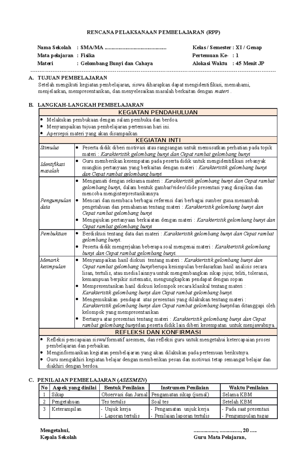 RPP 10 - Gelombang Bunyi dan Cahaya - RENCANA PELAKSANAAN PEMBELAJARAN ...