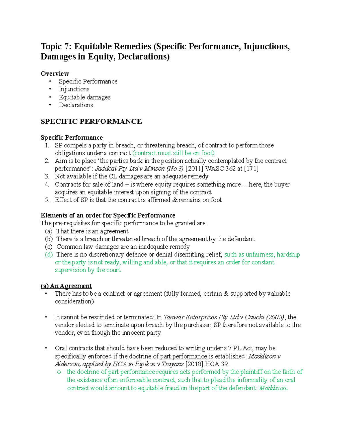 LLB304 Topic 7-11 - Topic 7: Equitable Remedies (Specific Performance ...