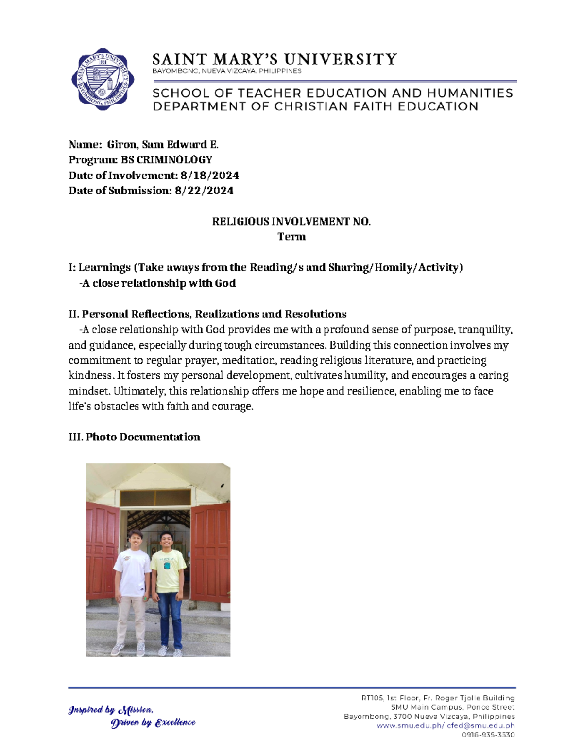 Religous Involvement - Name: Giron, Sam Edward E. Program: BS ...