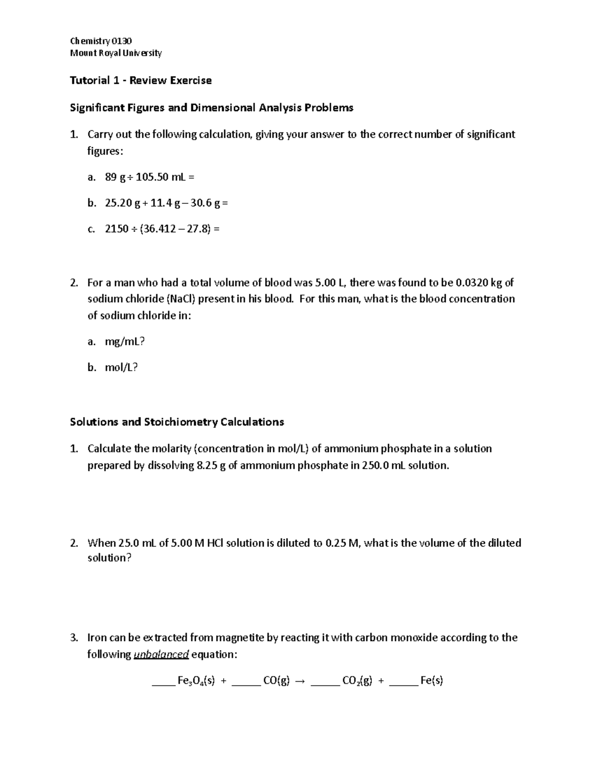 Tutorial 1 Review Exercise - Chemistry 0130 Mount Royal University Tutorial 1 - Review Exercise ...
