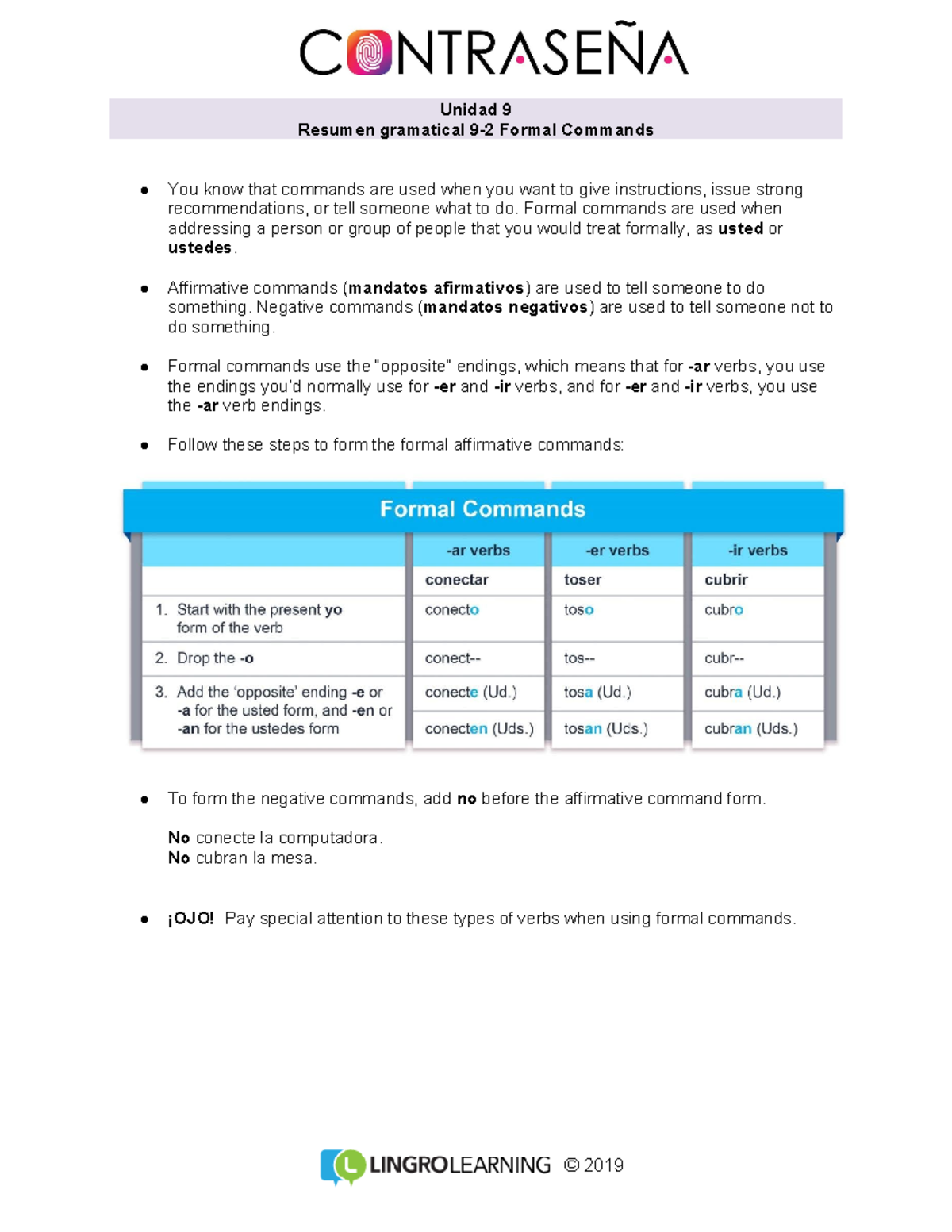Formal commands SPA 115 class notes - Unidad 9 Resumen gramatical 9-2 ...