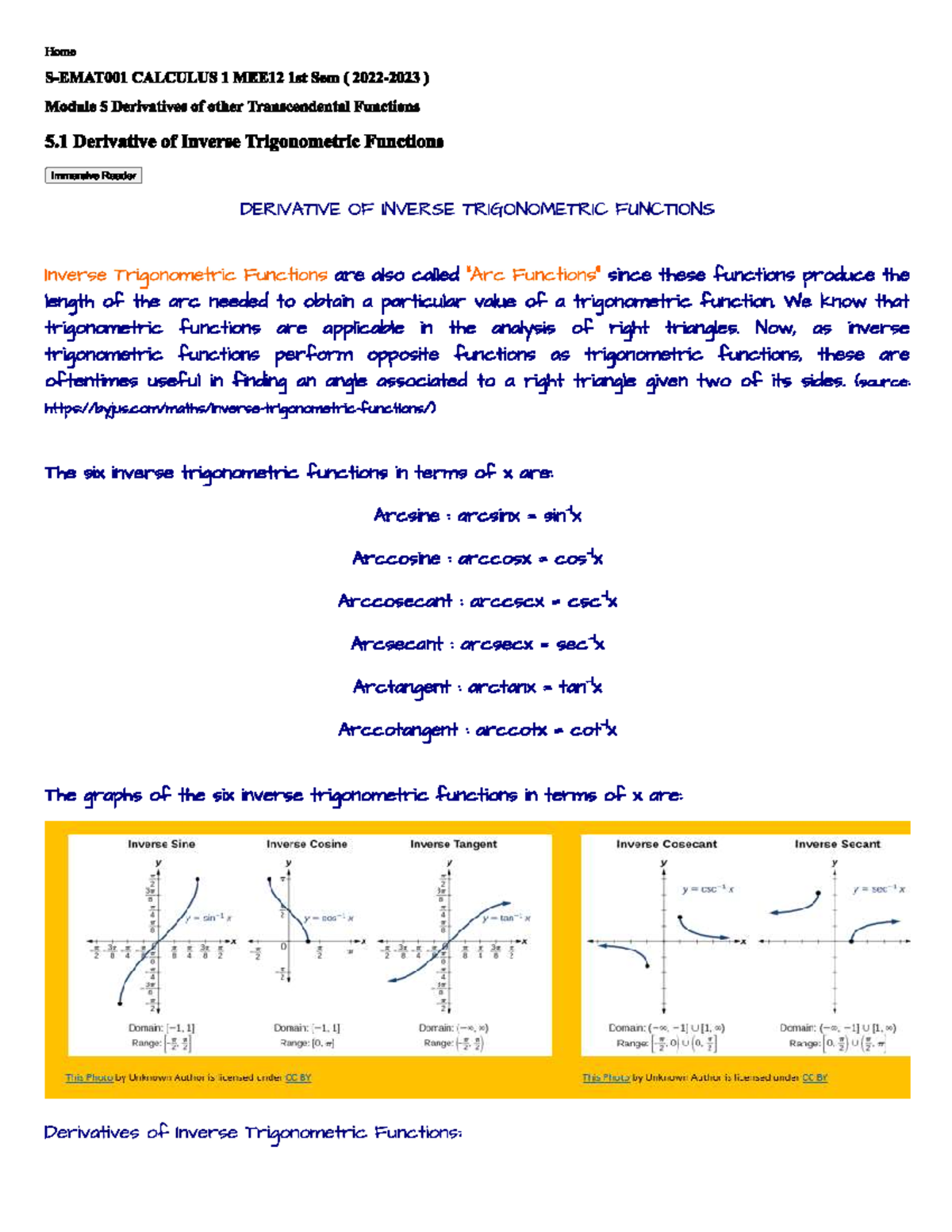 5.1 Derivative of Inverse Trigonometric Functions - Calculus 1 - Studocu