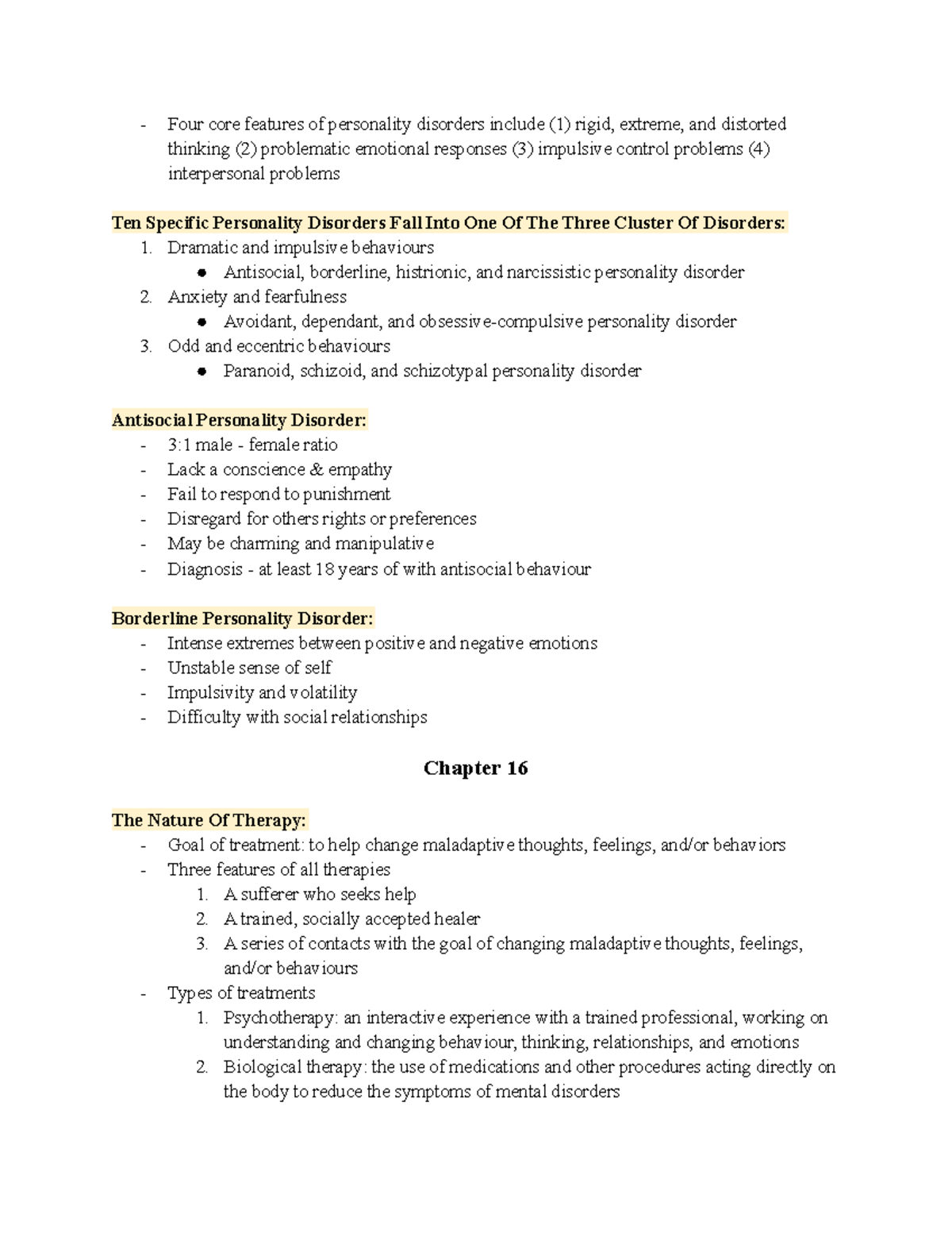 PS101 chapter 16 notes - )RXU FRUH IHDWXUHV RI SHUVRQDOLW\ GLVRUGHUV ...