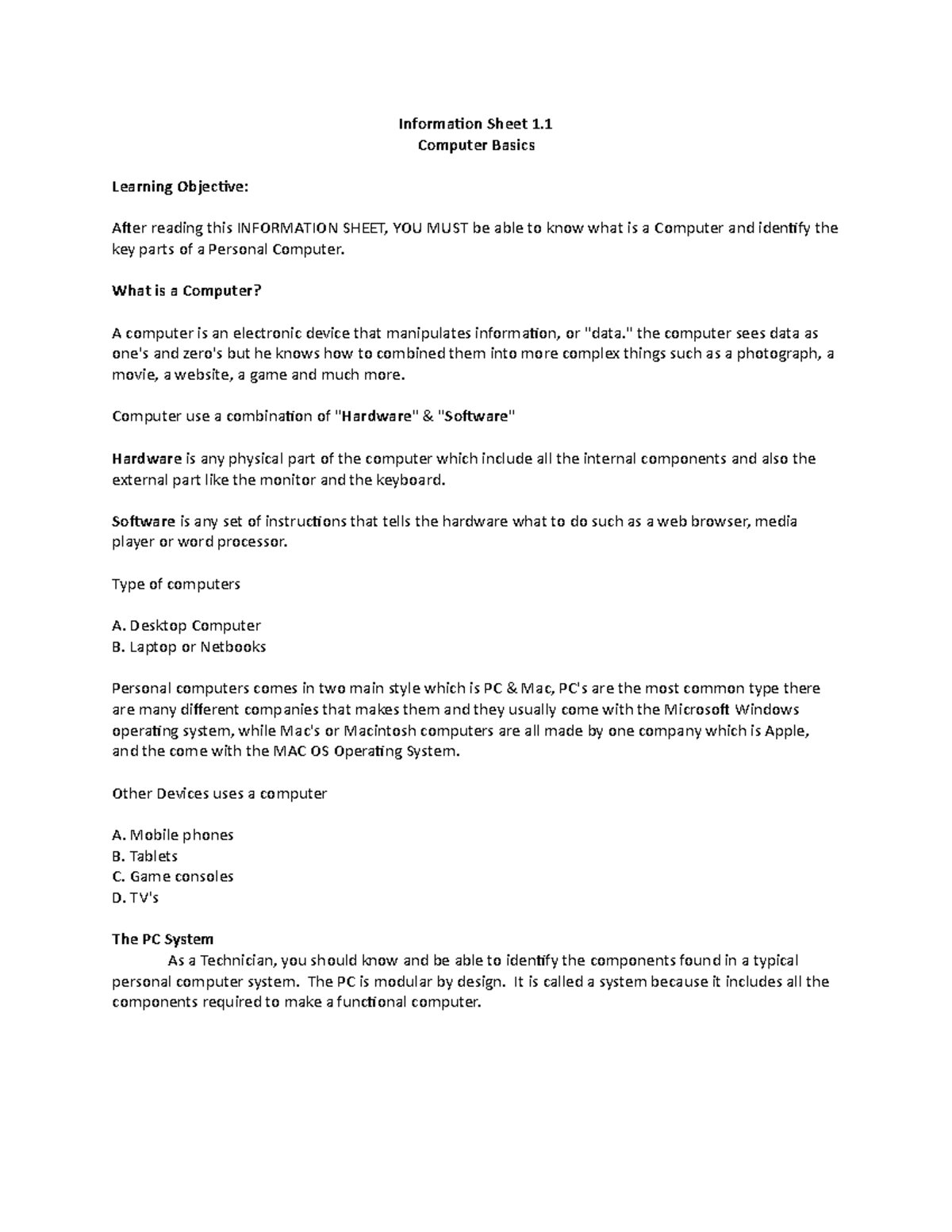 Info Sheet 1.1 - Computer Basics - Computer organization - Studocu