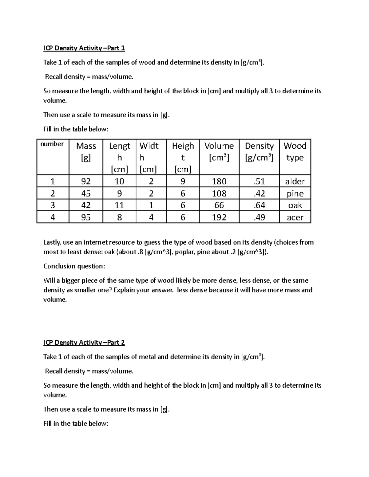 ICP Density Lab - A lab worksheet - ICP Density Activity –Part 1 Take 1 ...