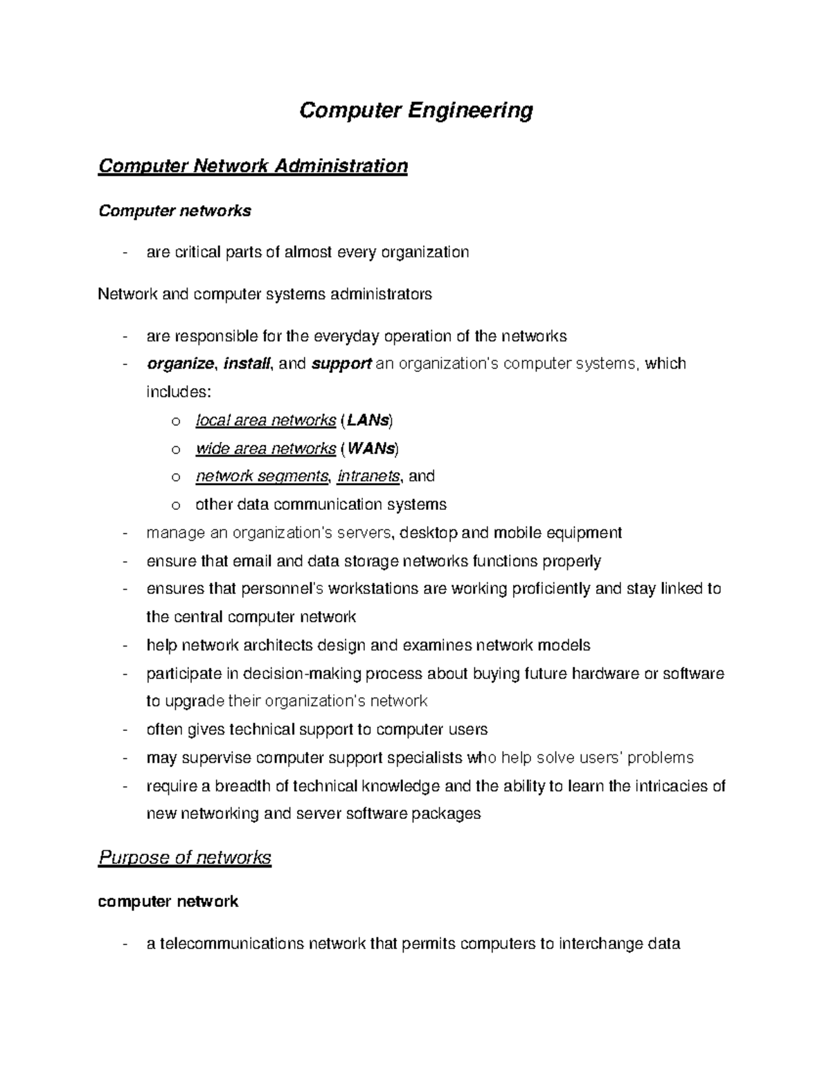 Computer Network Administration - Computer Engineering Computer Network ...