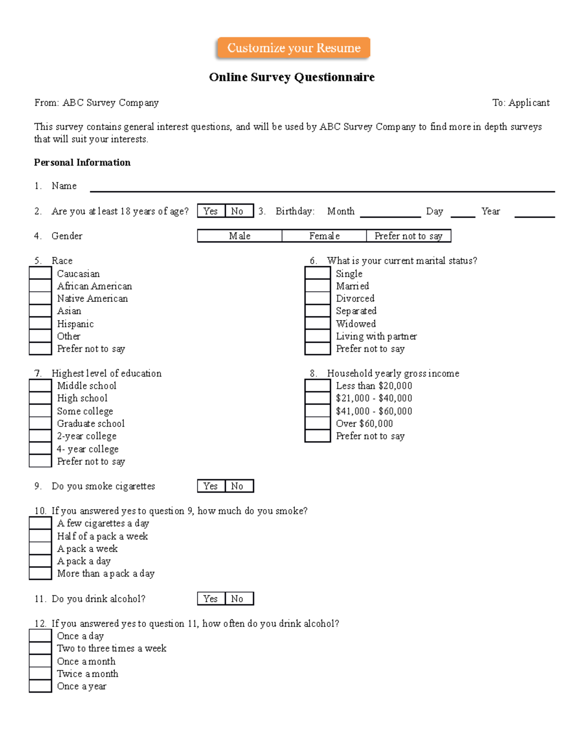 Questionnaire on online survey - Online Survey Questionnaire From: ABC ...
