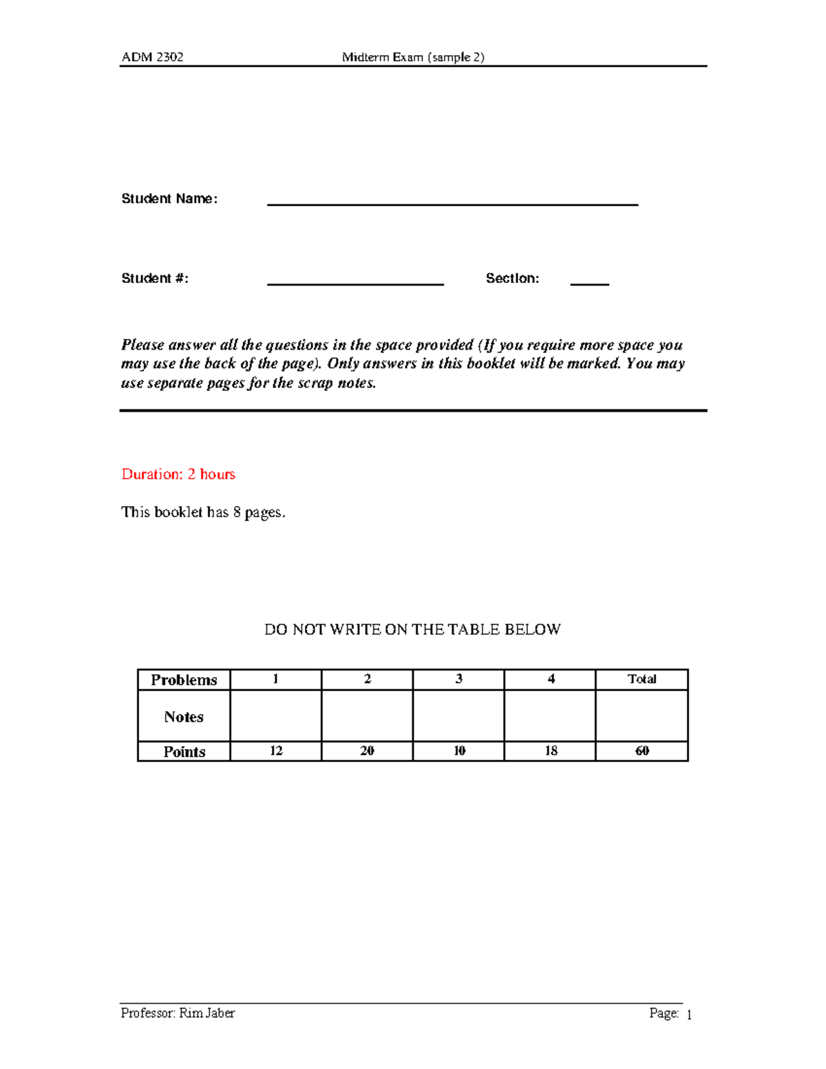 5. Sample 2 - midterm prep - Student Name: Student #: Section ...