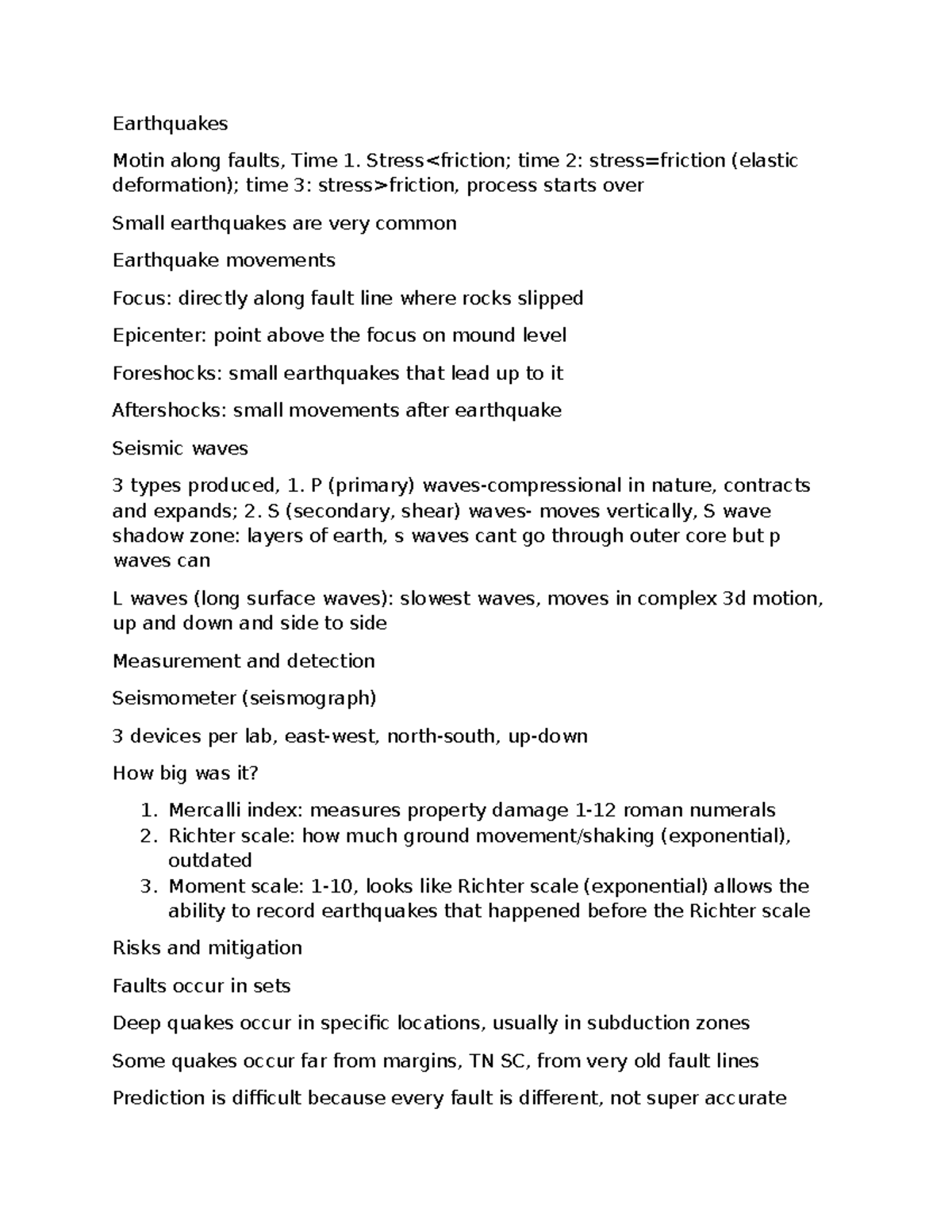 Geology earthquakes - notes from lecture - Earthquakes Motin along ...