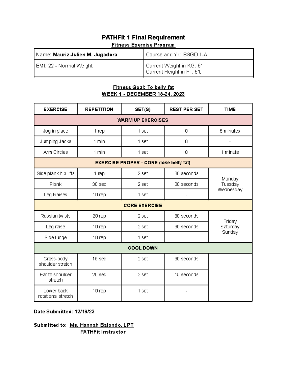 Pathfit 1 - Fitness PLAN - Fitness Exercise Program Name: Mauriz Julien ...