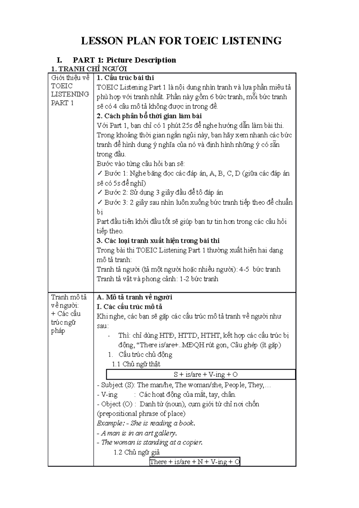 Part 1 for grammar Toeic - LESSON PLAN FOR TOEIC LISTENING I. PART 1 ...