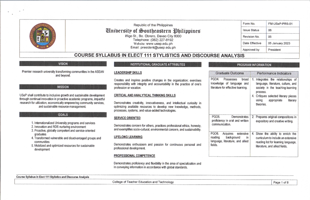 Elect 111 Approved Syllabus - ####### Republic of the Philippines Form ...