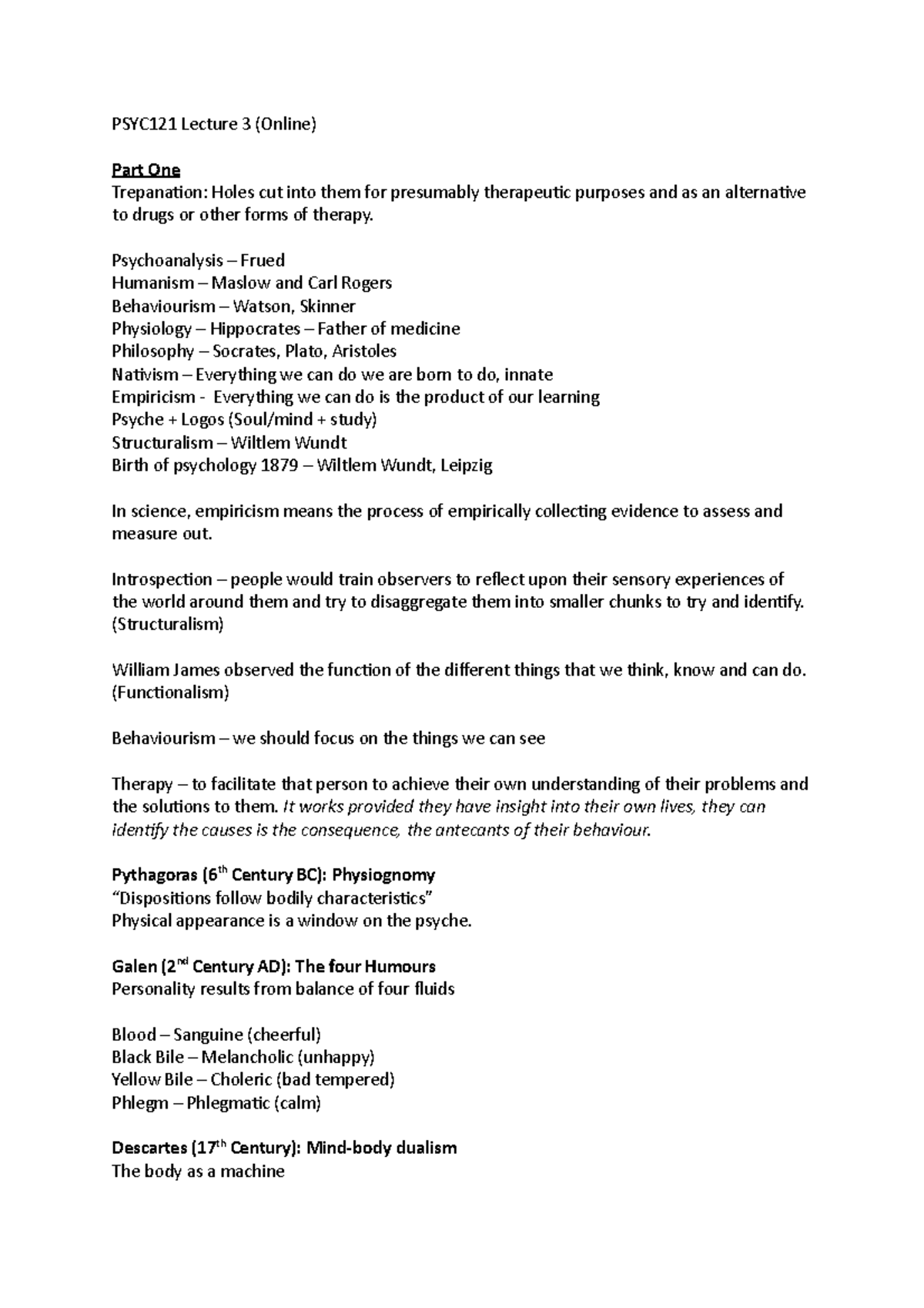 PSYC121 Introduction to Psychology Lecture 3 Notes (online) - PSYC121 ...