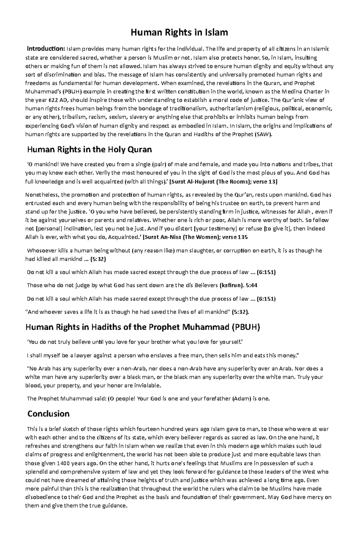 Human Rights in Islam Quran and Hadiths - Human Rights in Islam ...