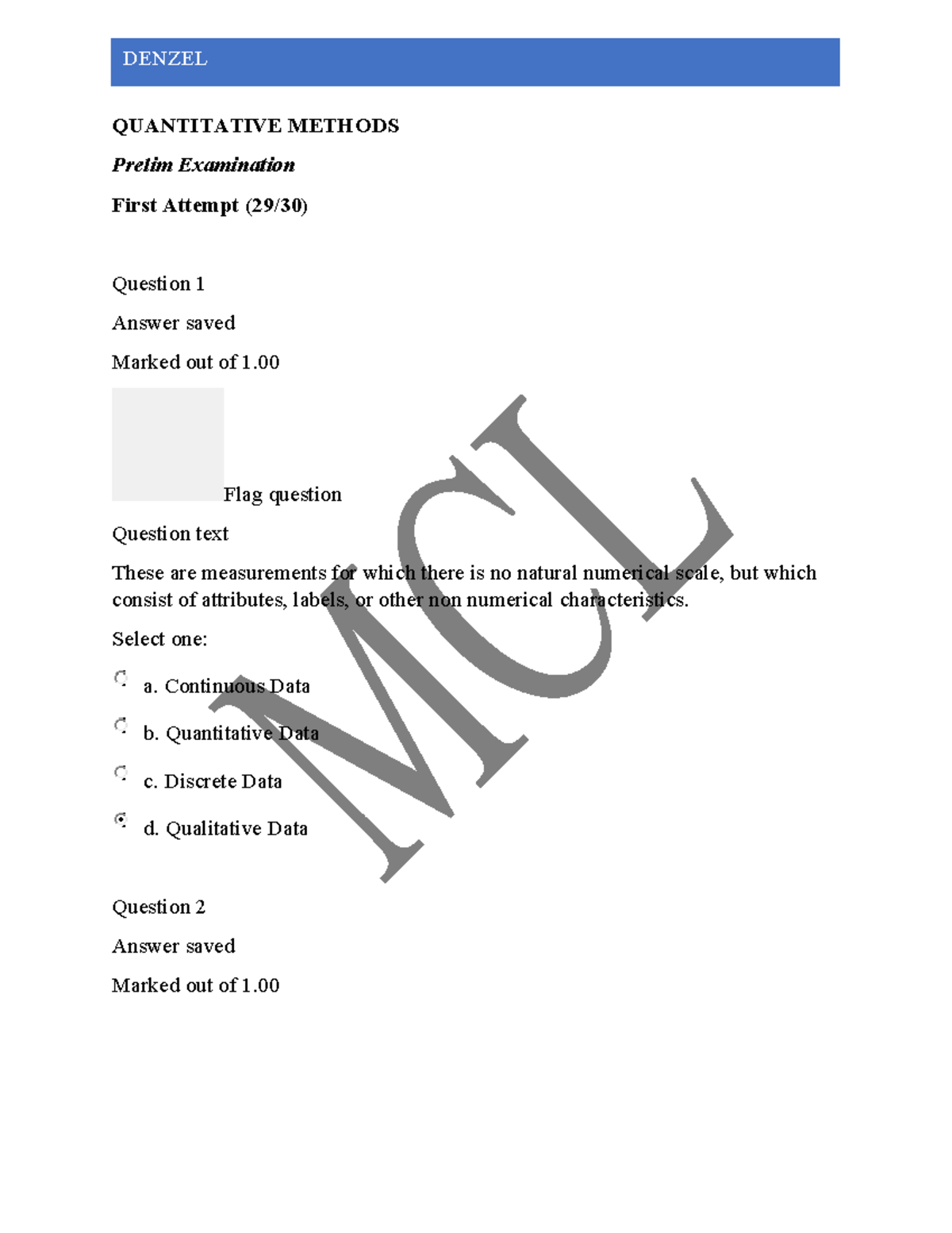 Pdfcoffee - QUANTITATIVE METHODS Prelim Examination First Attempt (29/30) Question 1 Answer ...