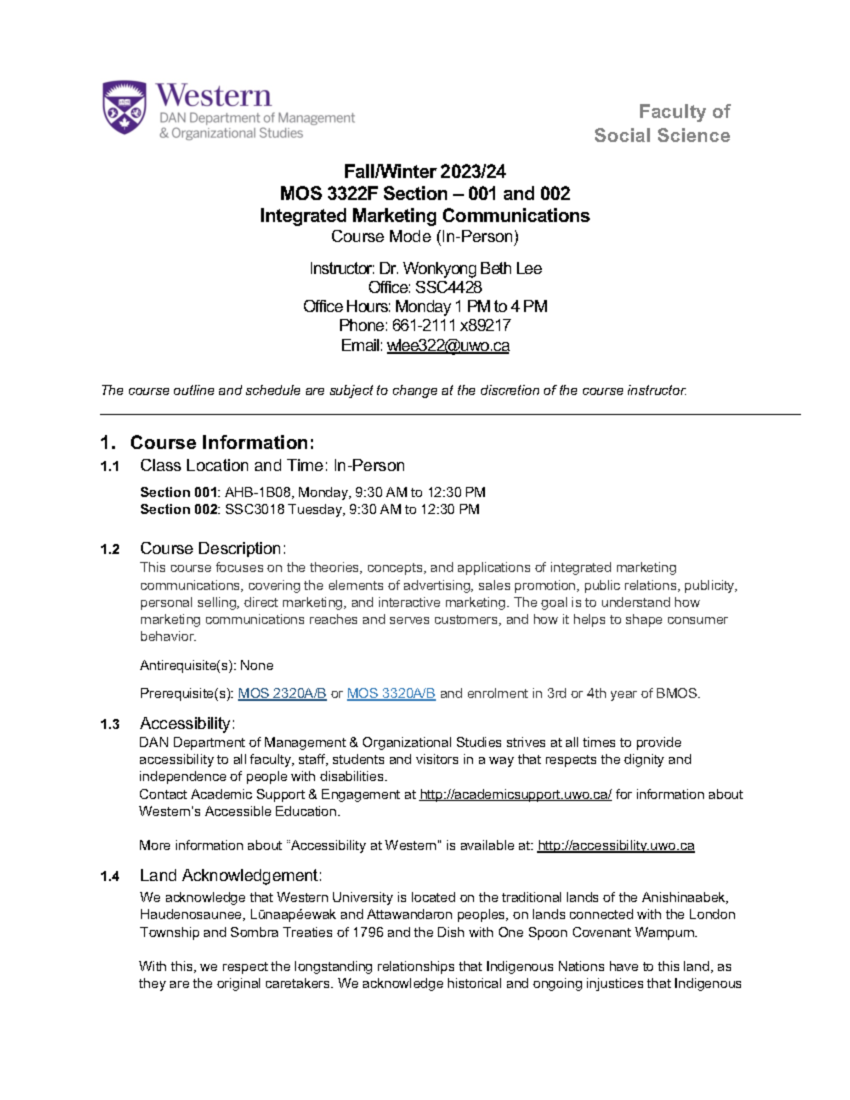 2023F MOS3322 - syllabus - Faculty of Social Science Fall/Winter 2023 / ...