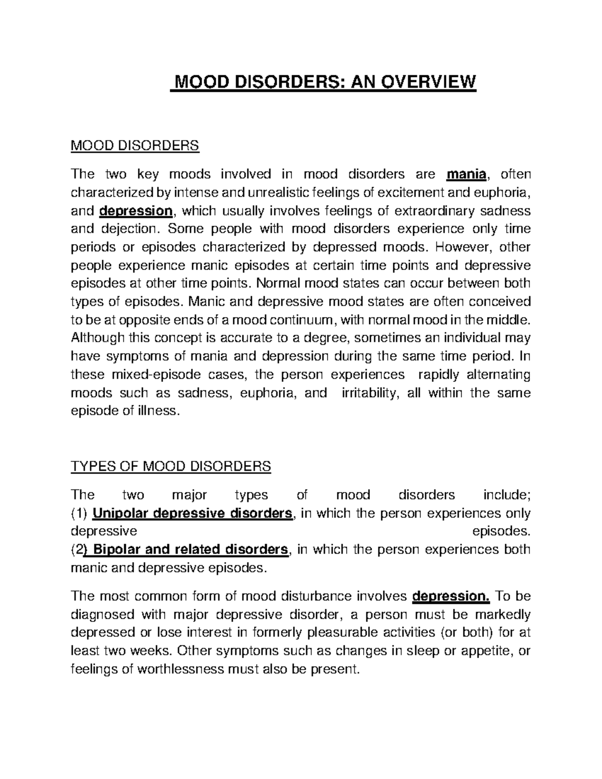 Abnormal psychology - MOOD DISORDERS: AN OVERVIEW MOOD DISORDERS The ...