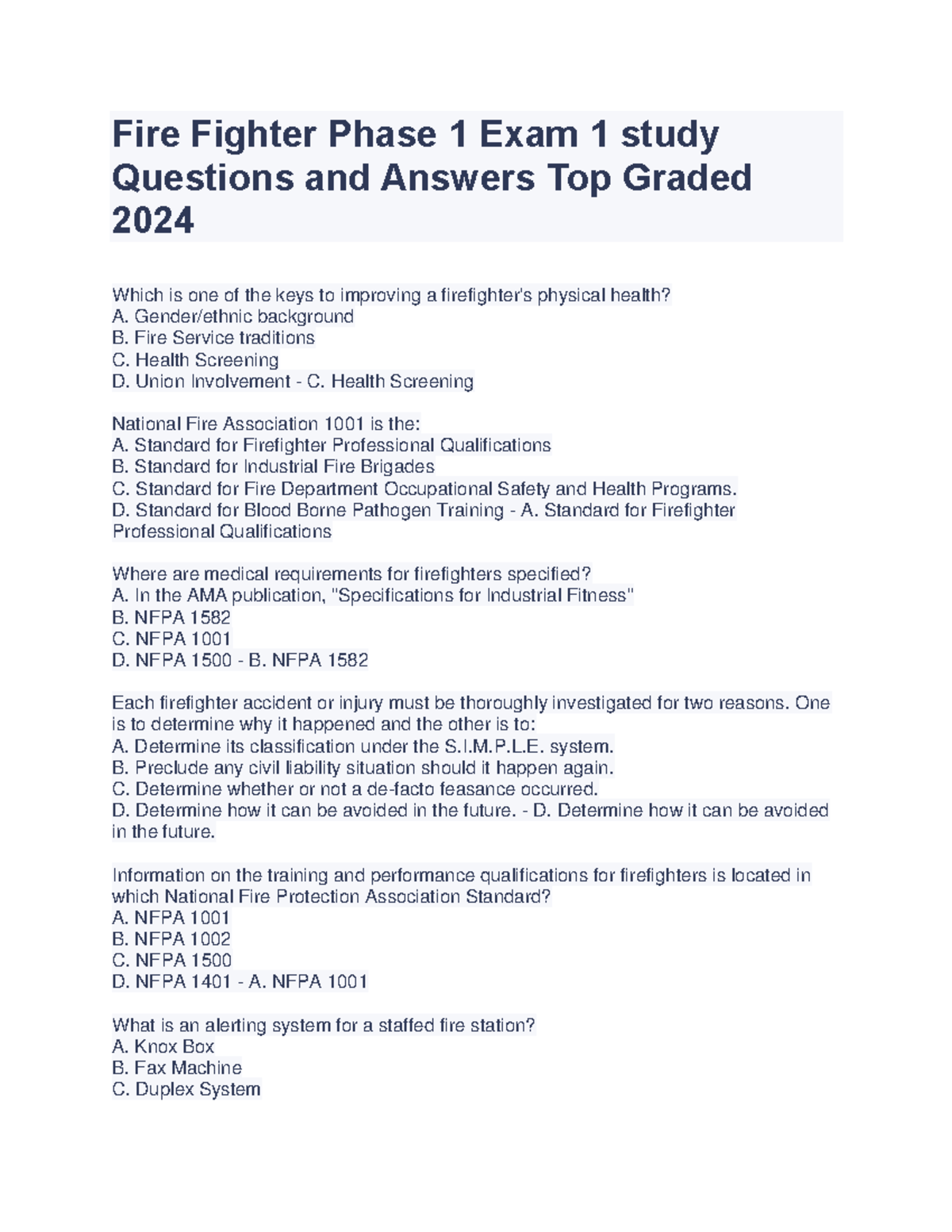 Fire Fighter Phase 1 Exam 1 study Questions and Answers Top Graded 2024 ...