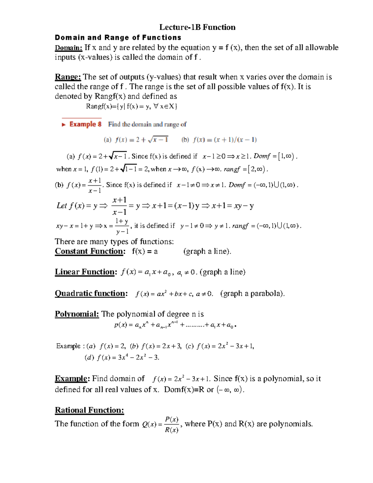 1-Lecture-1B - Wassup Mate! - Domain and Range of Functions Domain: If x and y are related by ...