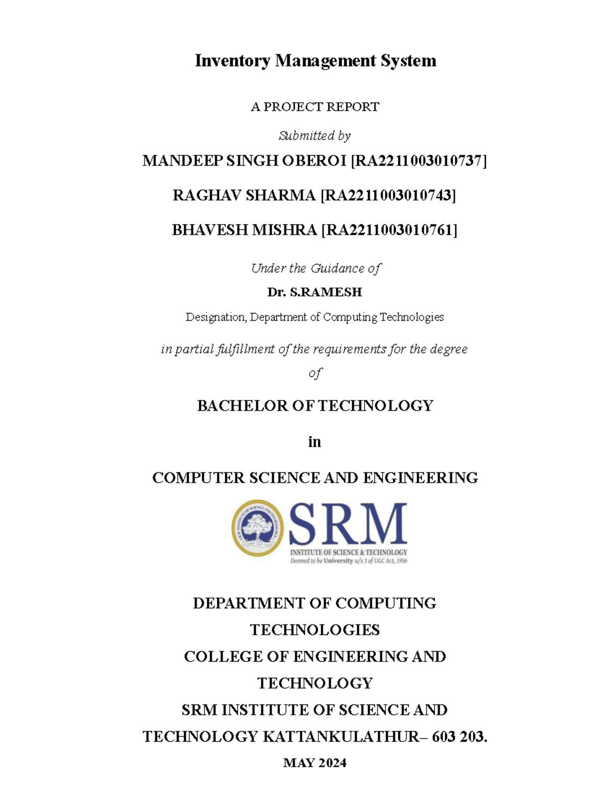 Dbms Report - project - Inventory Management System A PROJECT REPORT ...