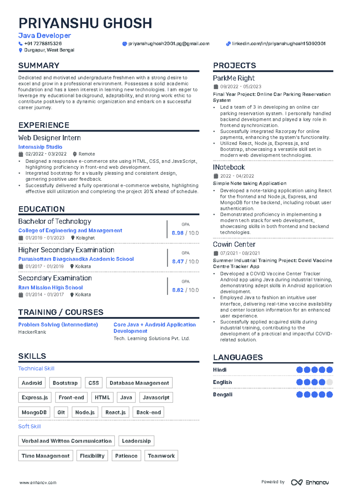 Priyanshu Ghosh Resume - / / / PRIYANSHU GHOSH Java Developer 91 7278815326 priyanshughosh2001 ...