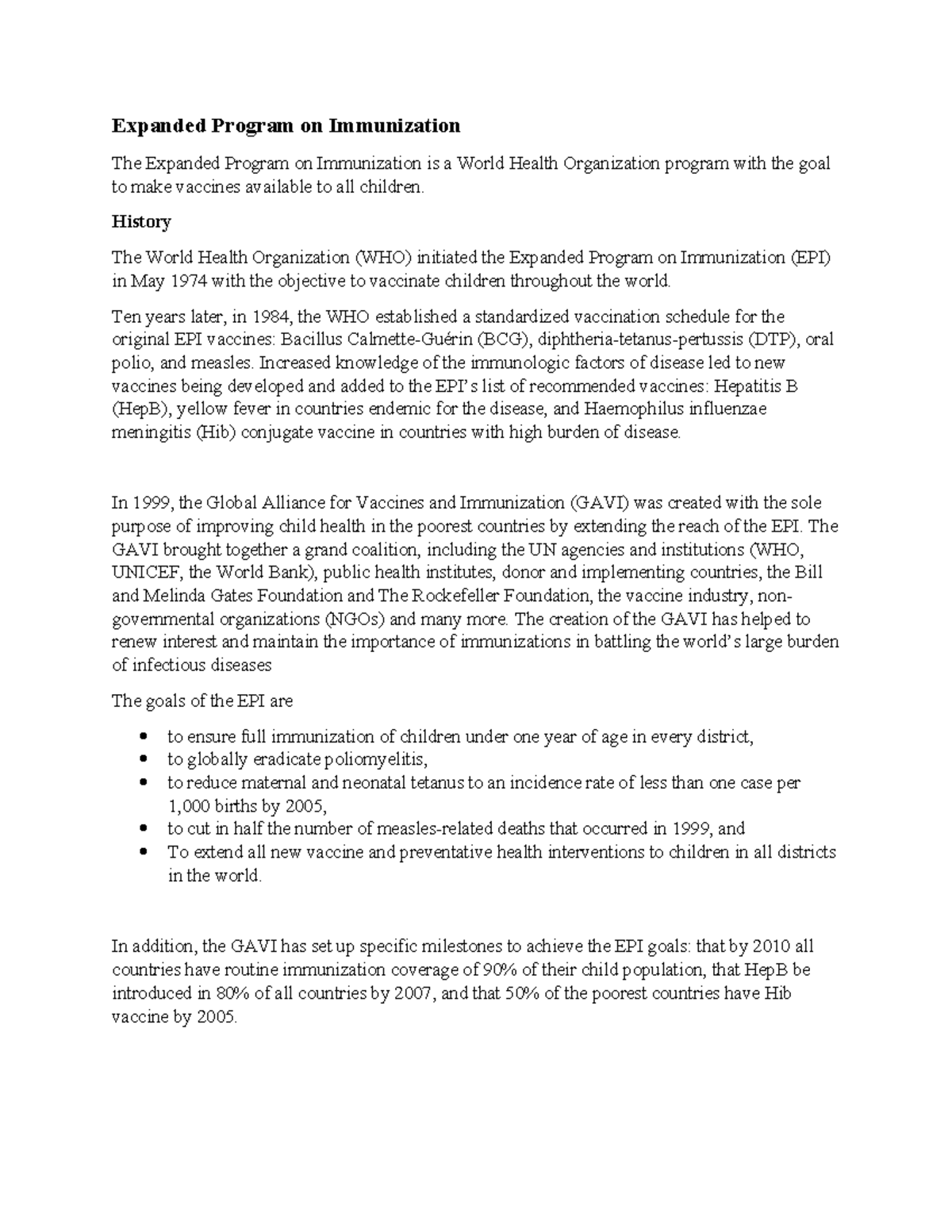 Expanded Program on Immunization - History The World Health ...