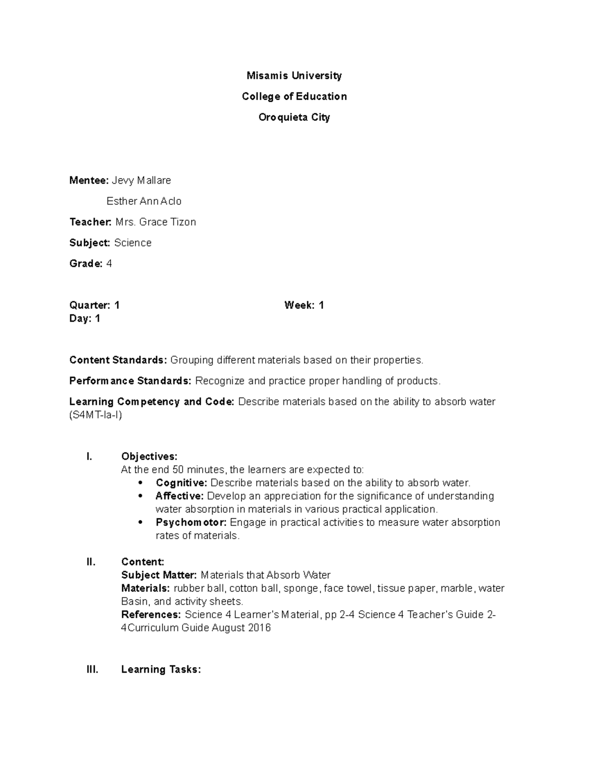 Lesson Plan - Day 1 to Day 5 - Misamis University College of Education ...