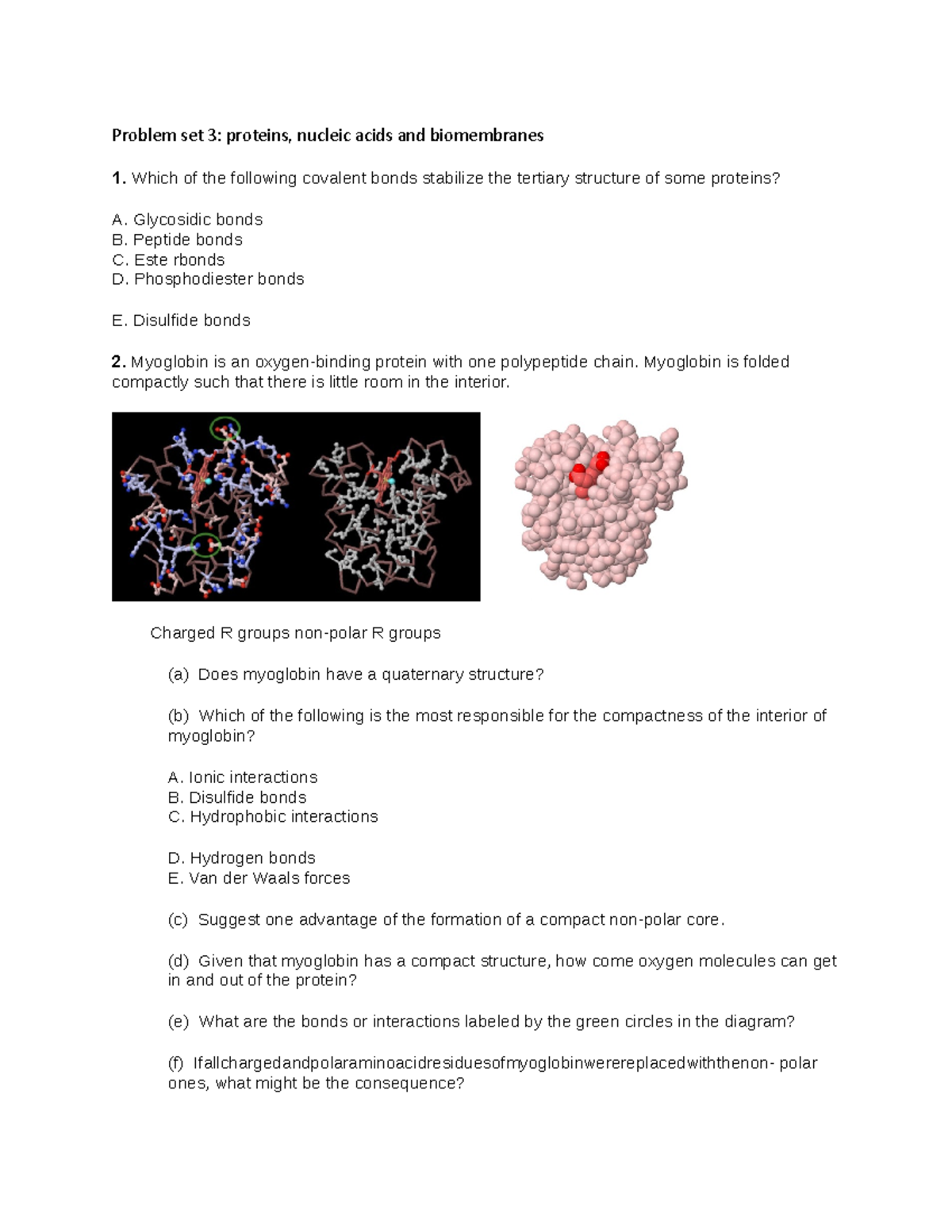 Problem set three - Problem set 3: proteins, nucleic acids and biomembranes Which of the ...