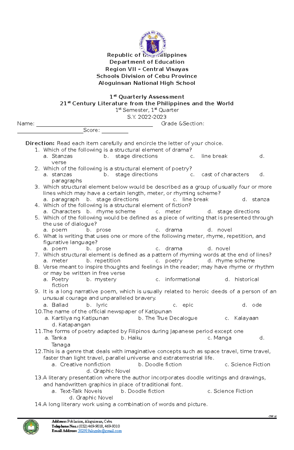 21st Century Lit QA1 - Quarterly Assessment 1 - Republic of the Philippines Department of ...