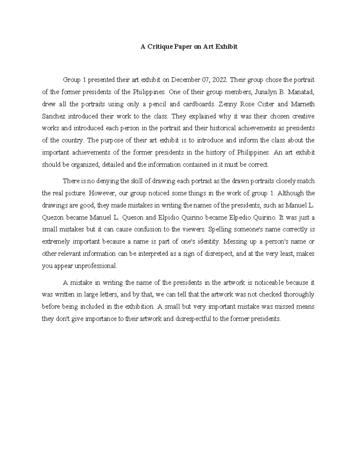 Critique Paper - Their group chose the portrait of the former ...