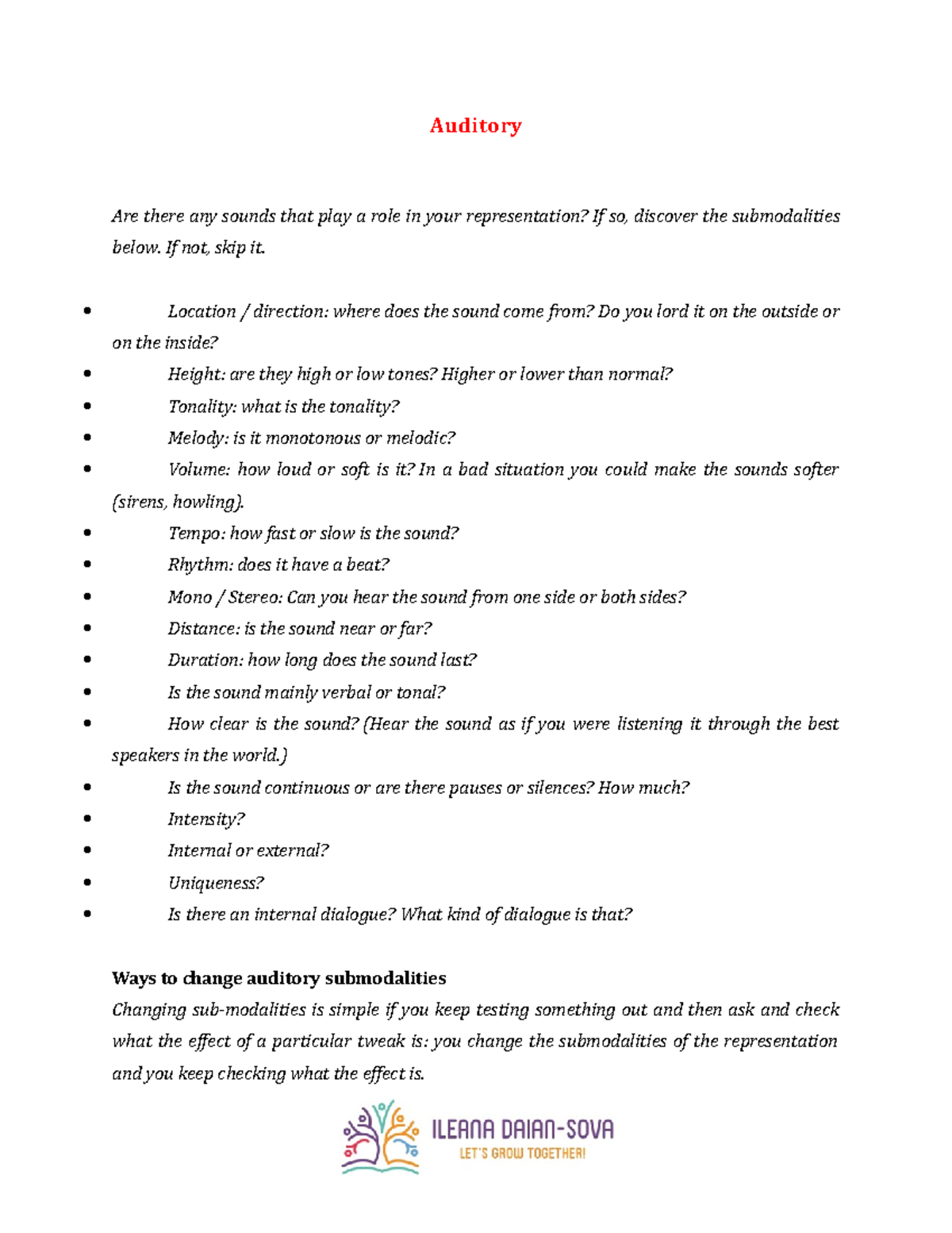 Auditory Submodalities - Auditory Are there any sounds that play a role in your representation ...