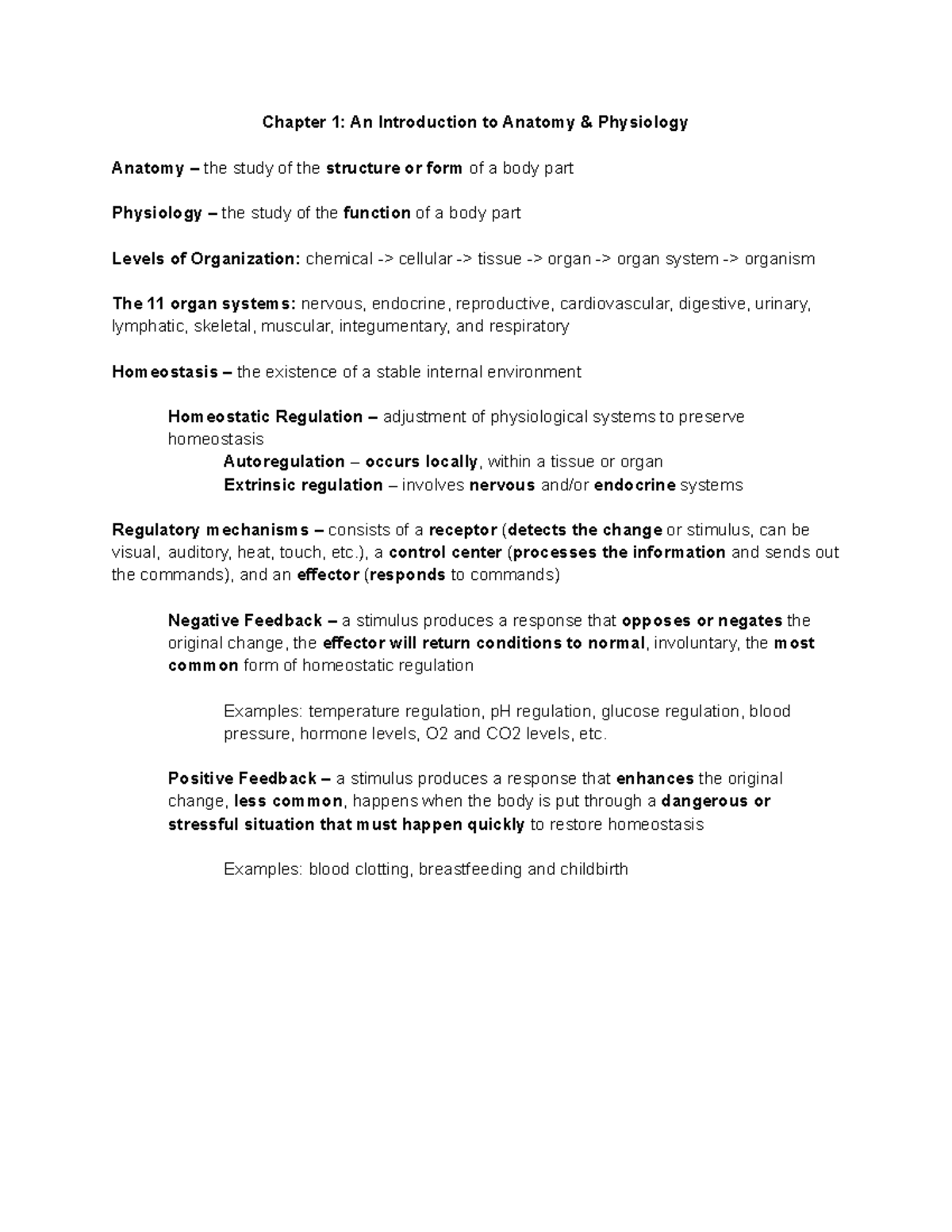 Chapter one notes - Chapter 1: An Introduction to Anatomy & Physiology ...