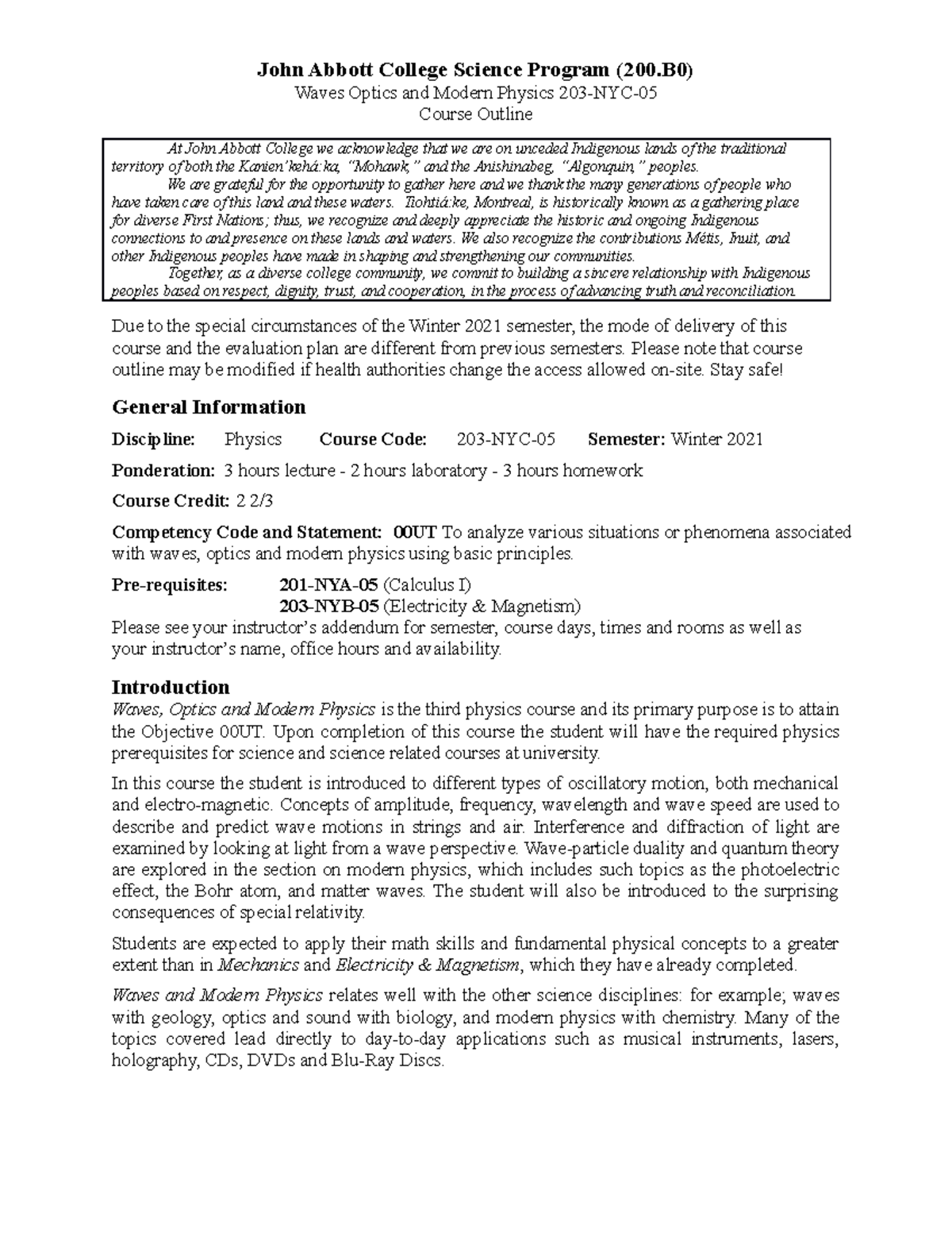 Physics NYC Course Outline Winter 2021 1 - John Abbott College Science ...