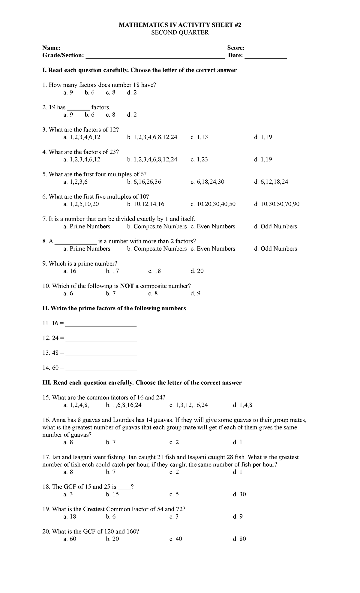 Activity Sheet 2 Q2 Math IV - MATHEMATICS IV ACTIVITY SHEET #2 SECOND ...