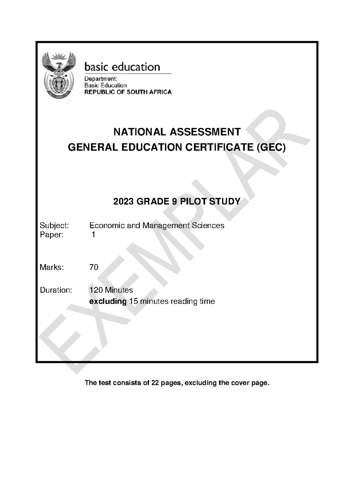 Grade 9 EMS P1 English Test - NATIONAL ASSESSMENT GENERAL EDUCATION ...