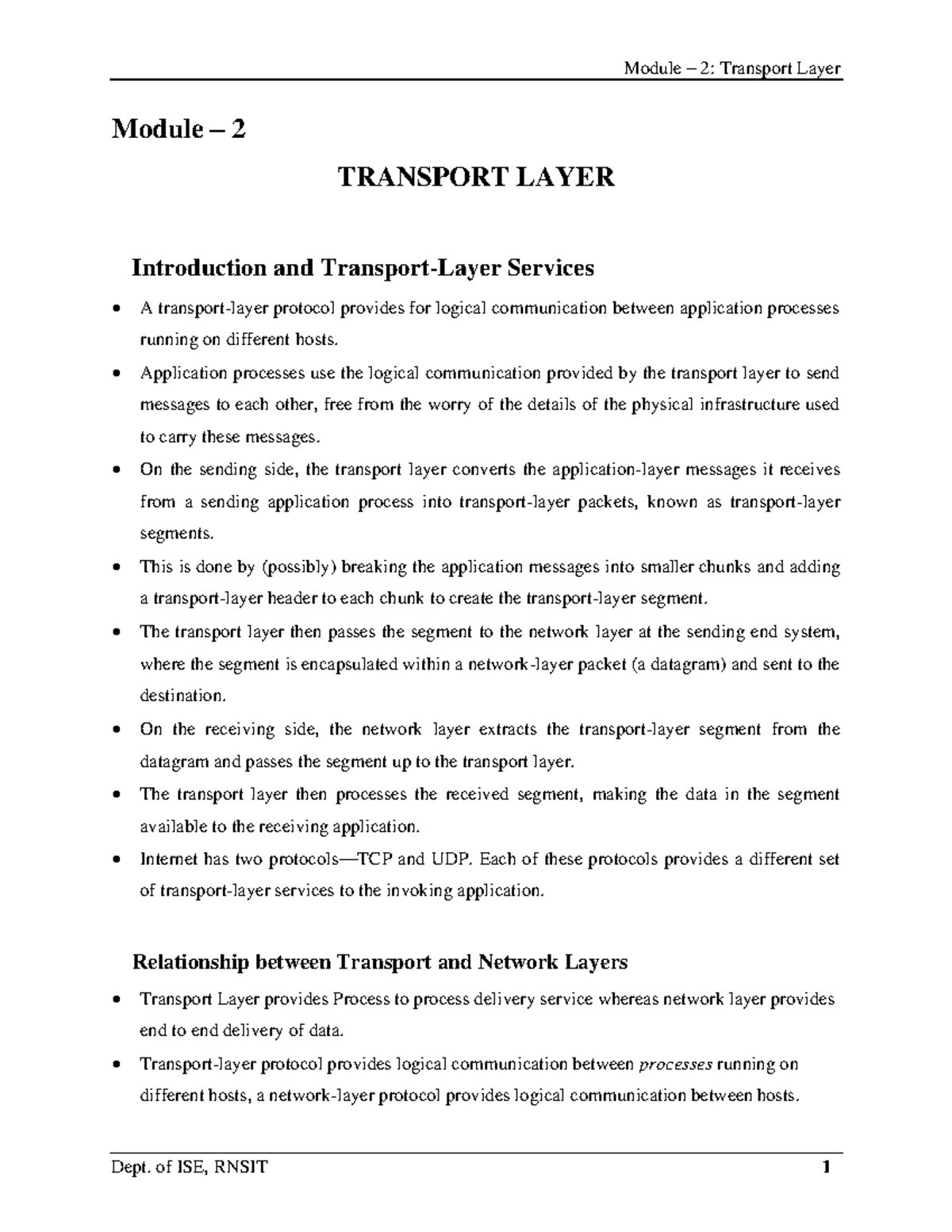 CN-Module 2 - none - Module – 2 TRANSPORT LAYER Introduction and ...