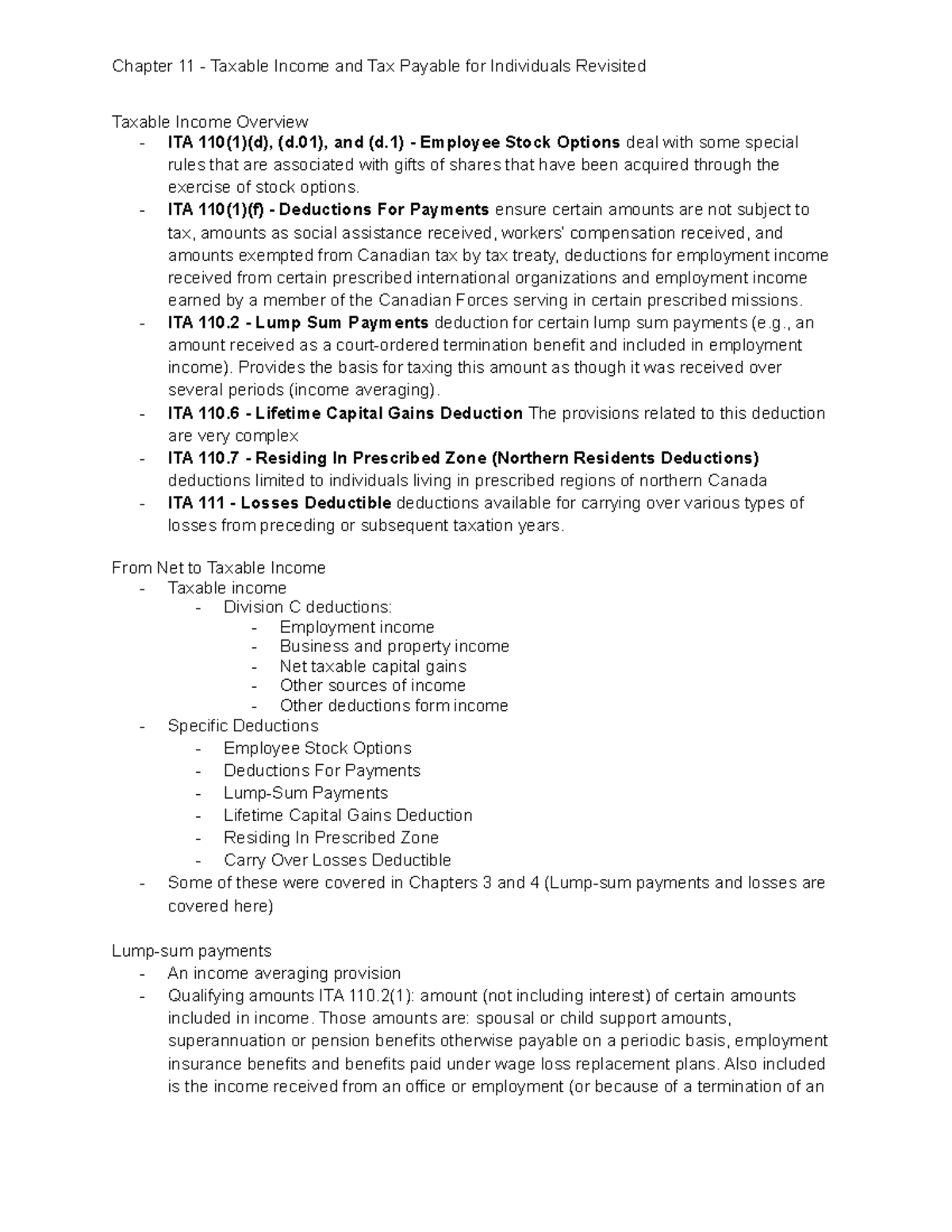 Chapter 11 - Lecture and textbook notes - Taxable Income Overview - ITA ...