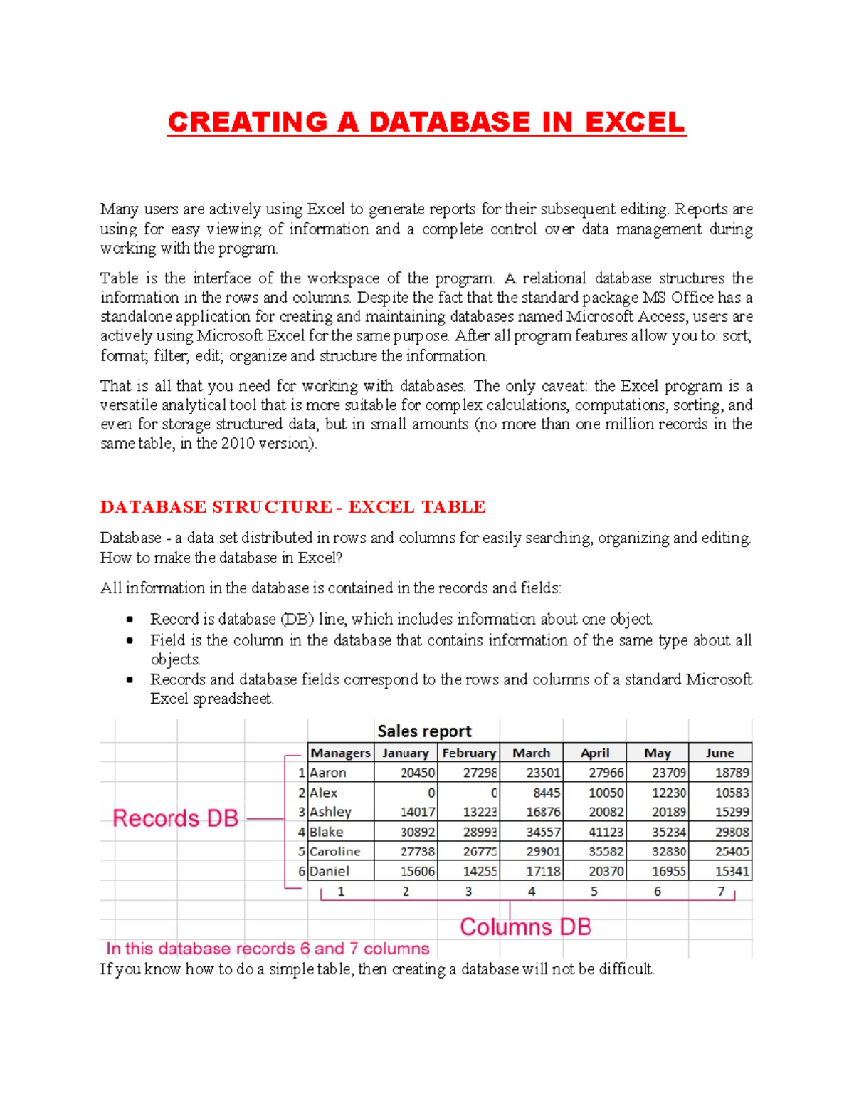 Year 2 ICT 1st class - notes - CREATING A DATABASE IN EXCEL Many users ...