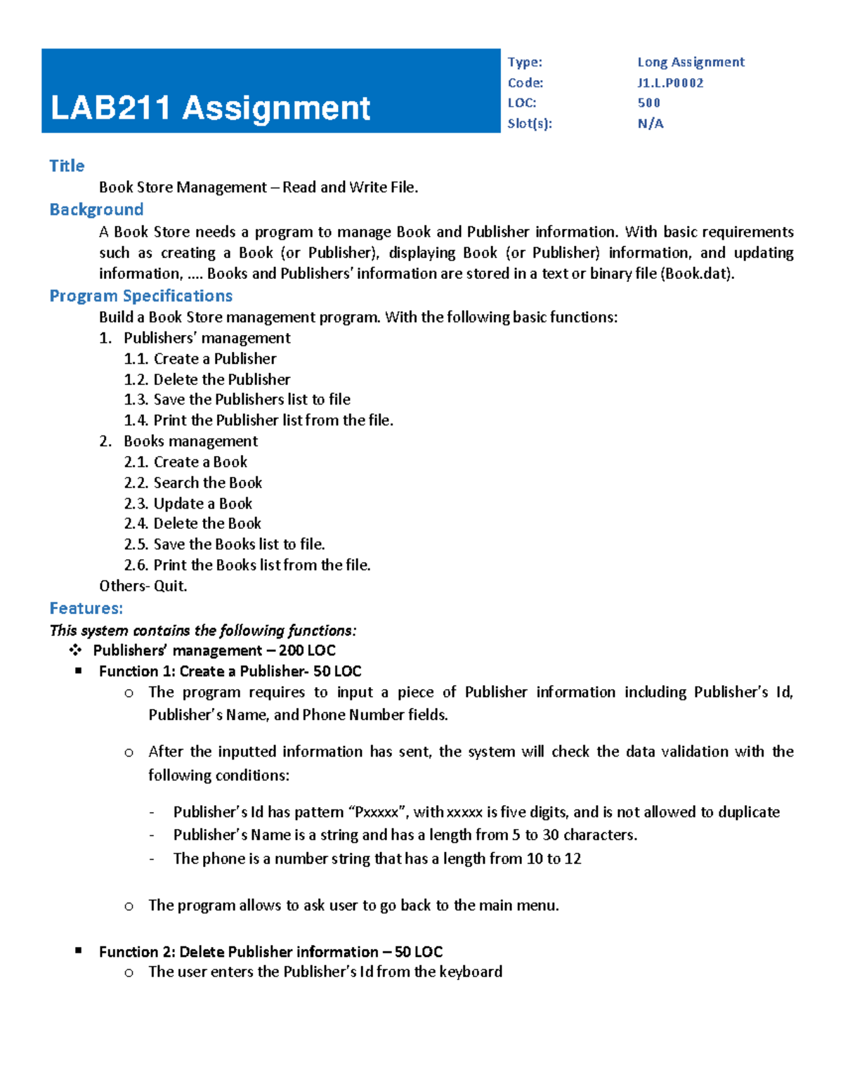 Lab1 J1lp0019 Book Store Management 500loc Lab211 Assignment Type Long Assignment Code J1