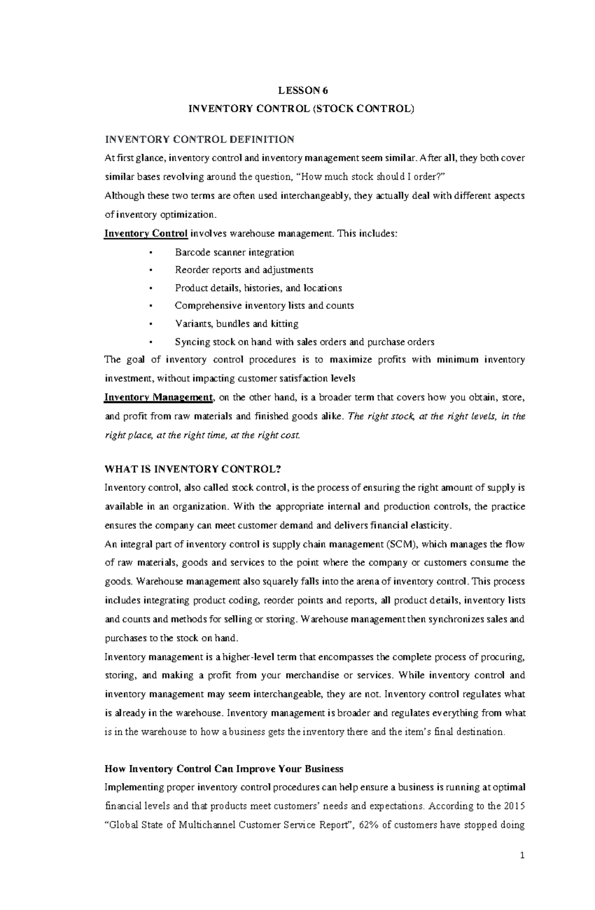 Inventory Management - Lesson 6 - LESSON 6 INVENTORY CONTROL (STOCK ...